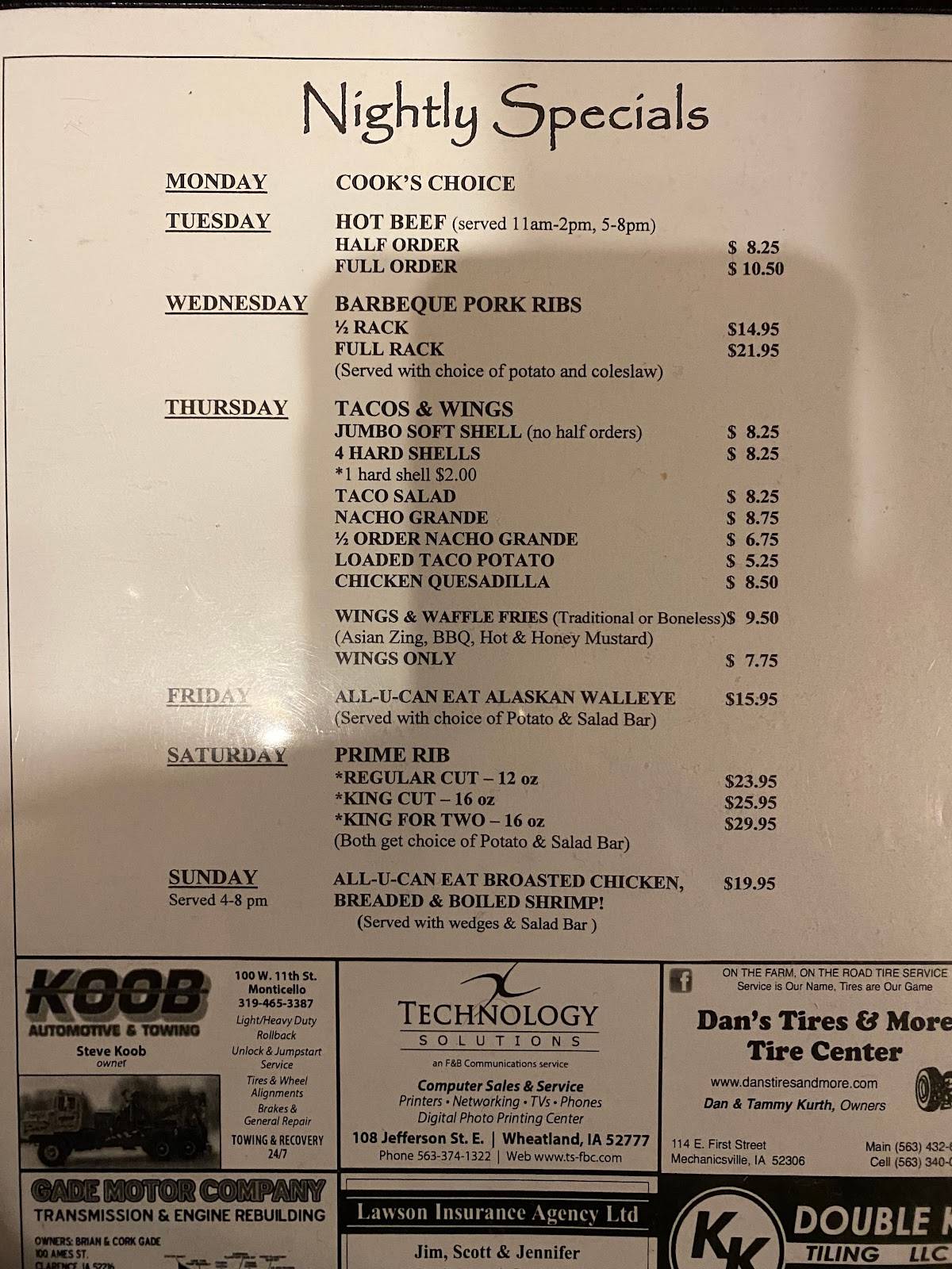 Menu at Hale Tap & Supper Club, USA, Co Rd E45