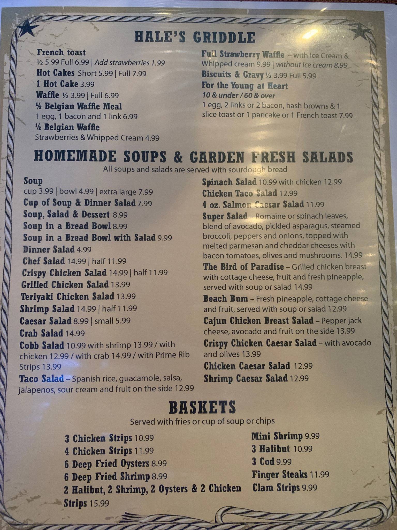 Menu at Hale's Tavern steakhouse, Hermiston