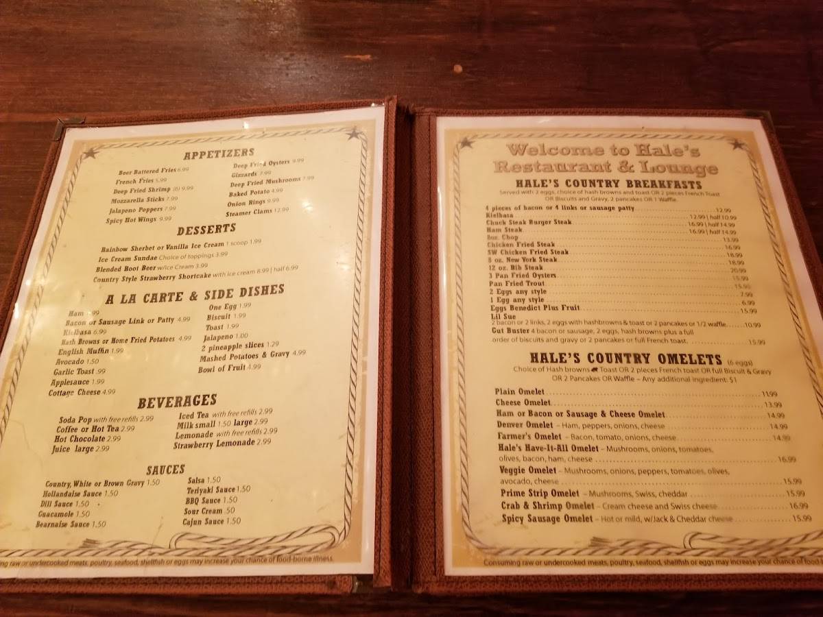 Menu at Hale's Tavern steakhouse, Hermiston