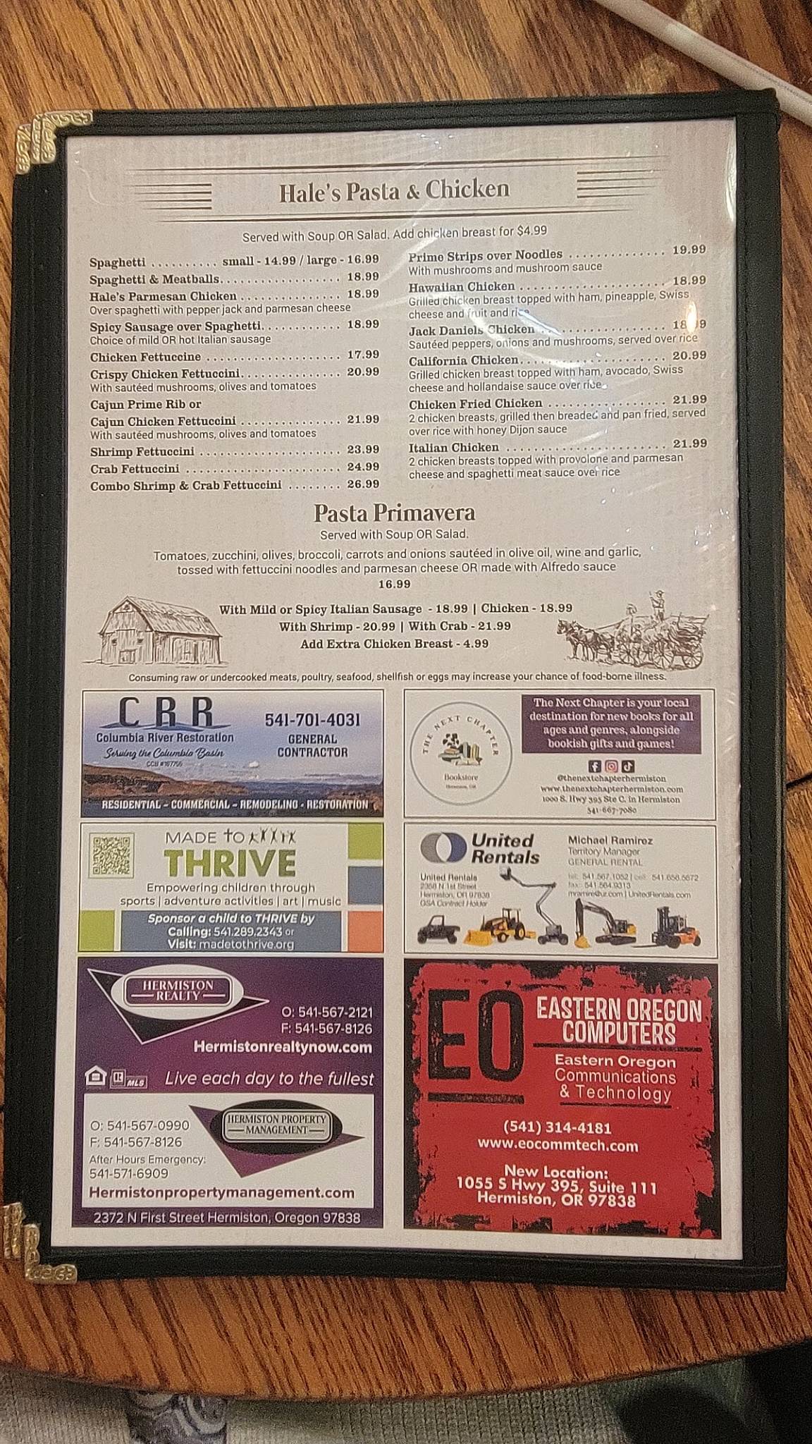 Menu at Hale's Tavern steakhouse, Hermiston