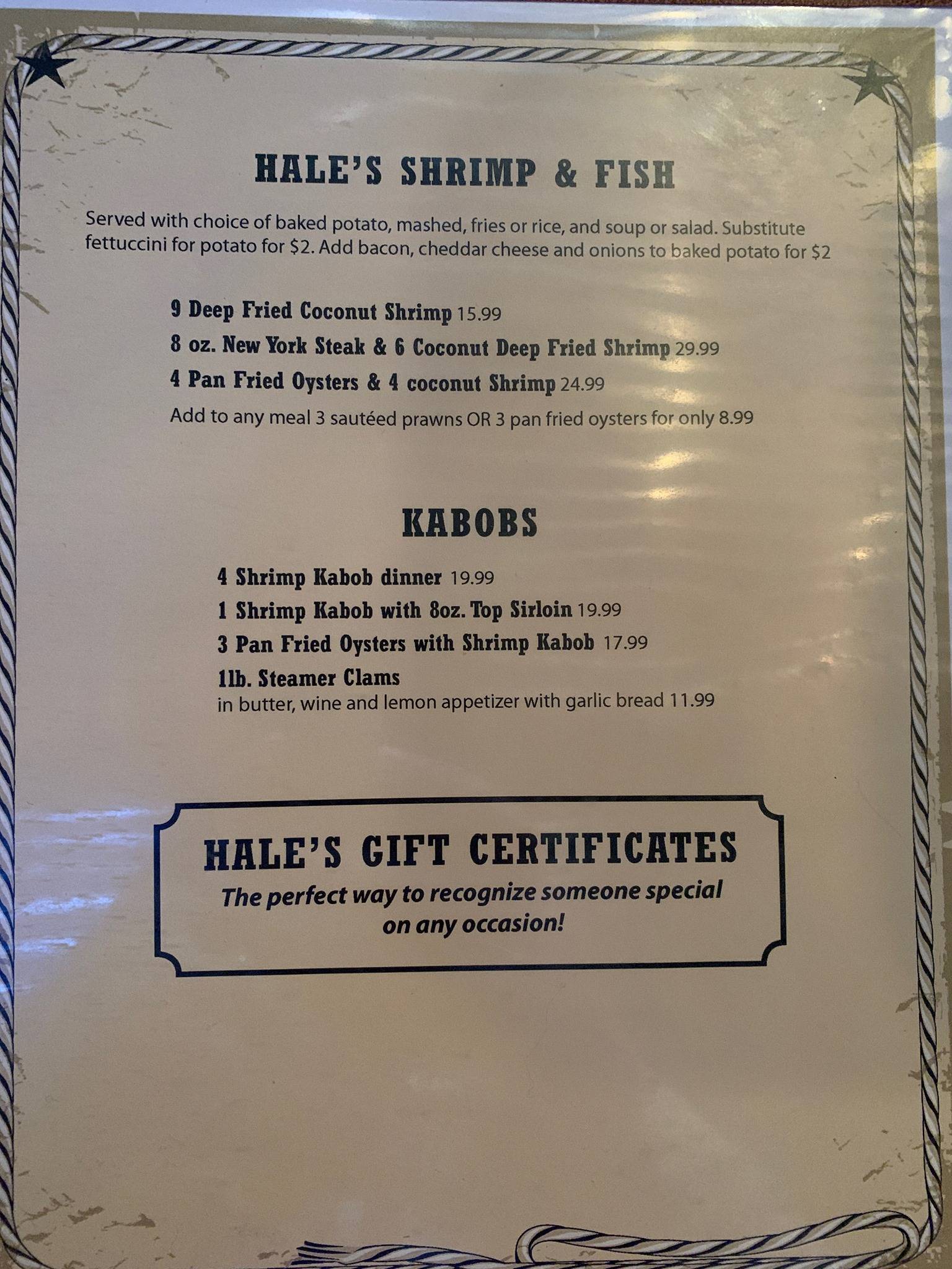 Menu at Hale's Tavern steakhouse, Hermiston