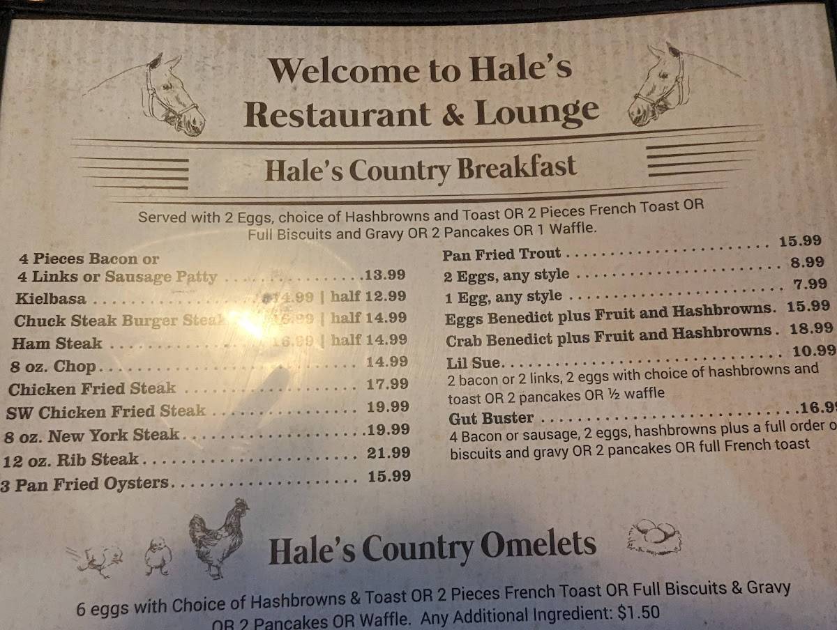 Menu at Hale's Tavern steakhouse, Hermiston