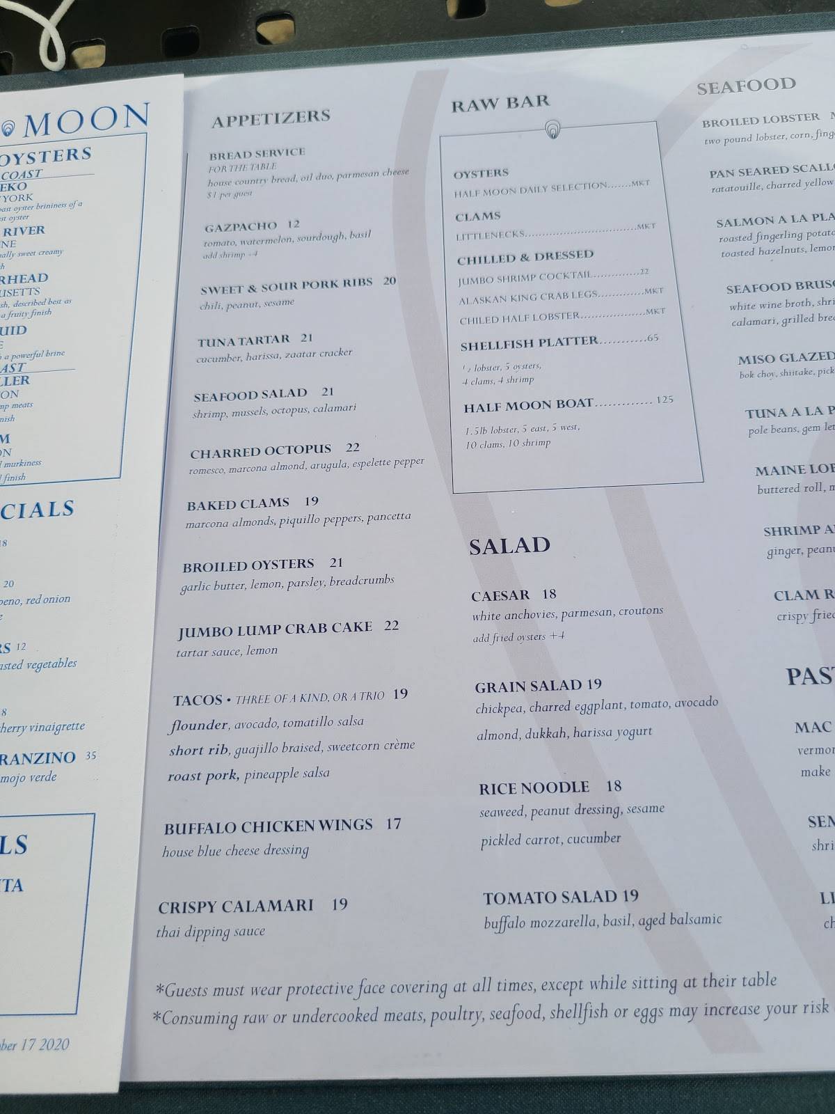 Menu at Half Moon restaurant, Dobbs Ferry