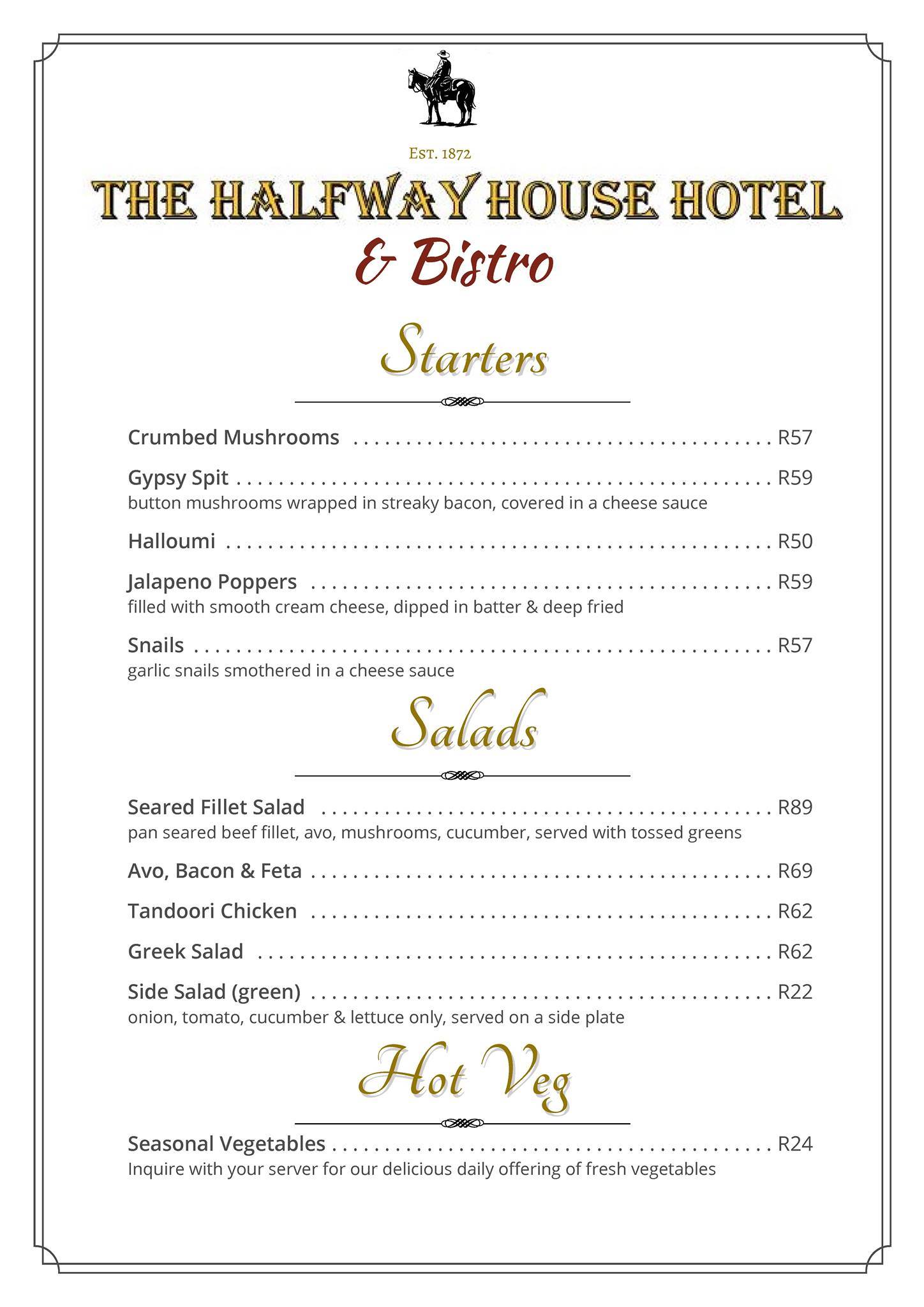 Menu at Halfway House Hotel Kimberley pub & bar, Kimberley