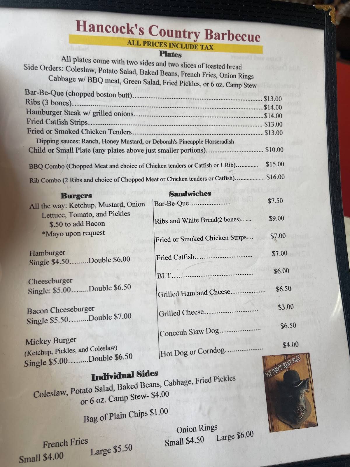Menu at Hancocks Barbeque, Selma
