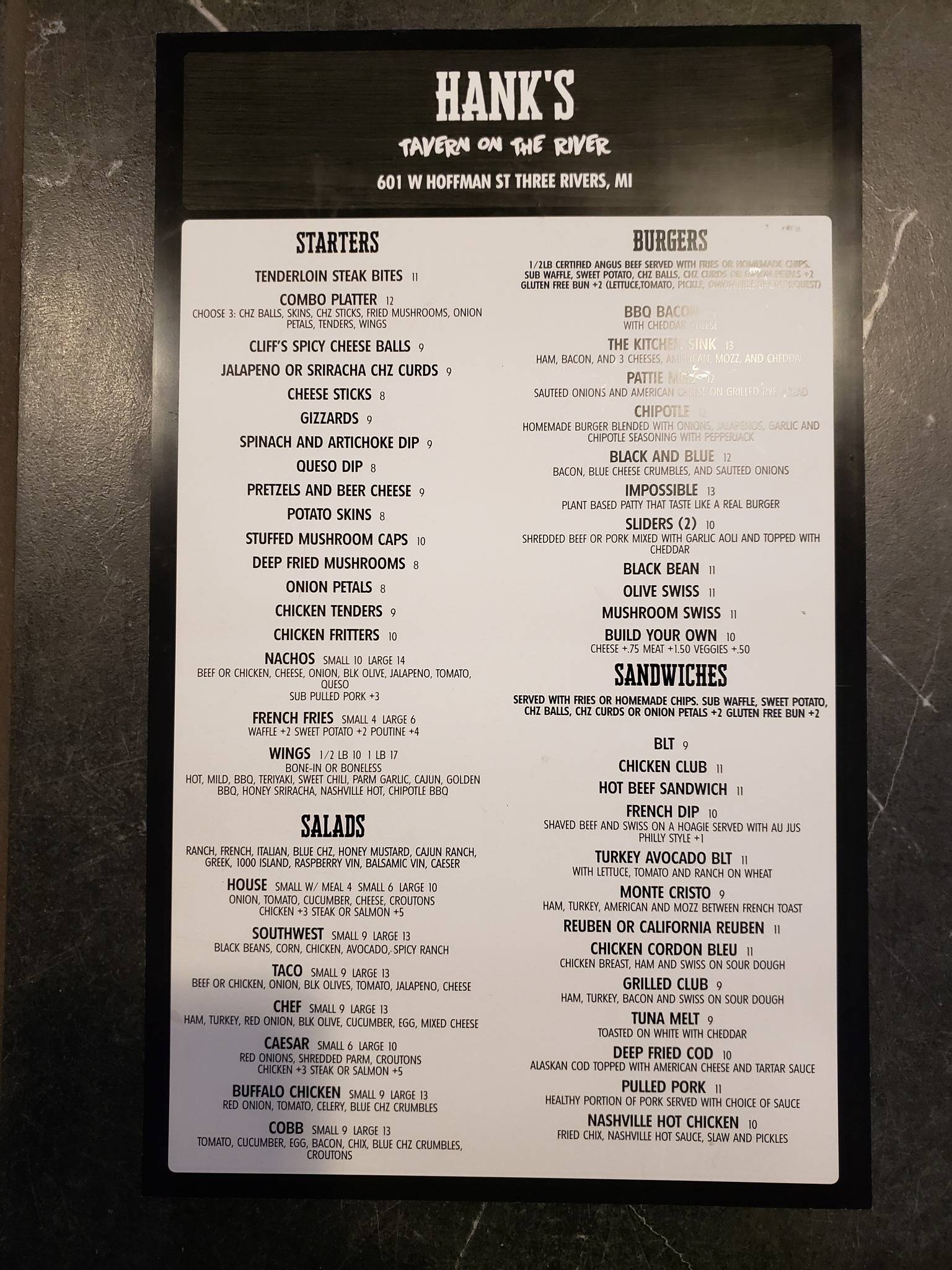 Menu at Hank's Tavern on the River pub & bar, Three Rivers