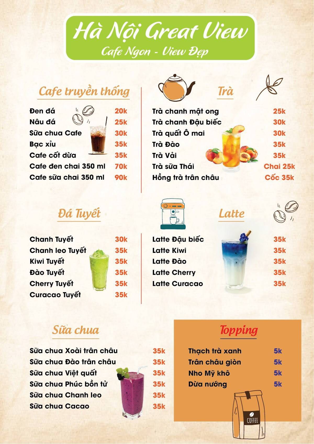 Menu at Hanoi Great View Cafe, Beer & Homestay, Hanoi