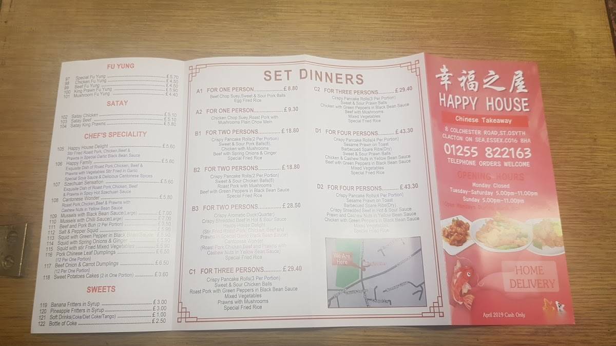 Menu at Happy House Chinese restaurant, Clacton-on-Sea
