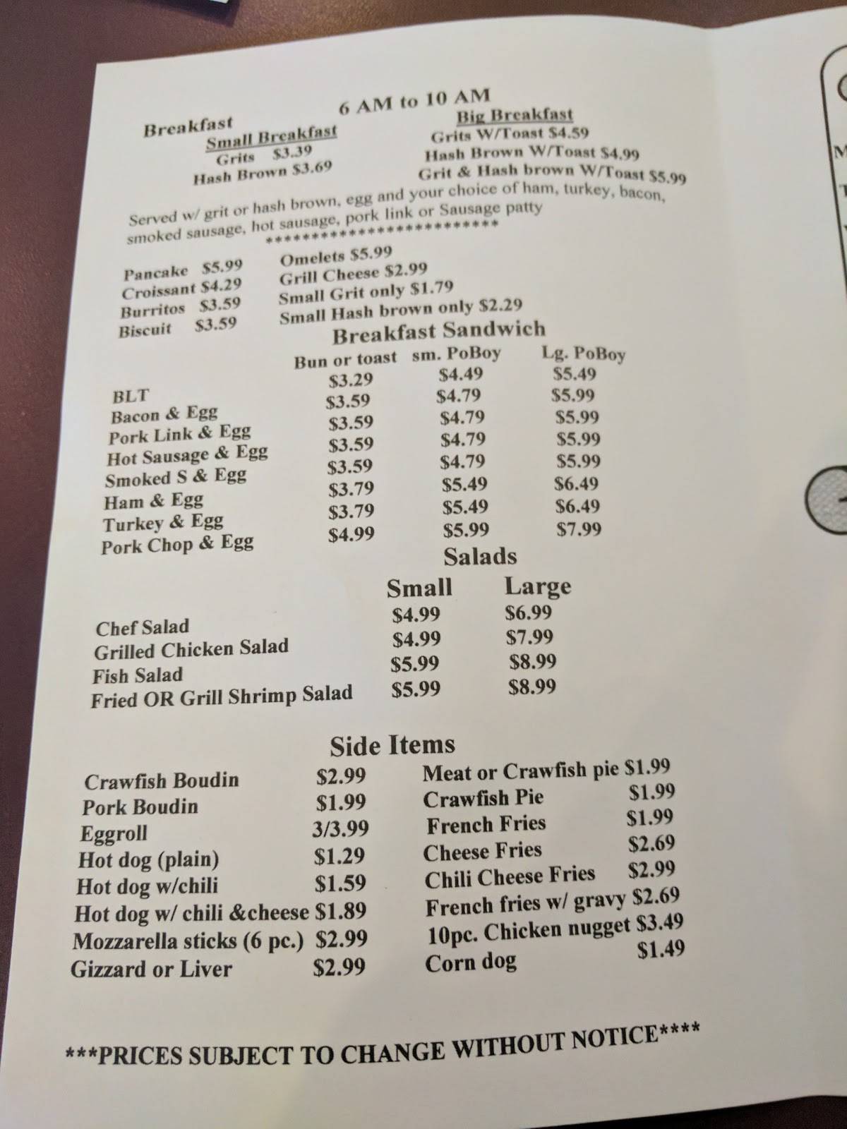 Menu at Harahan E-Z Stop restaurant, Harahan