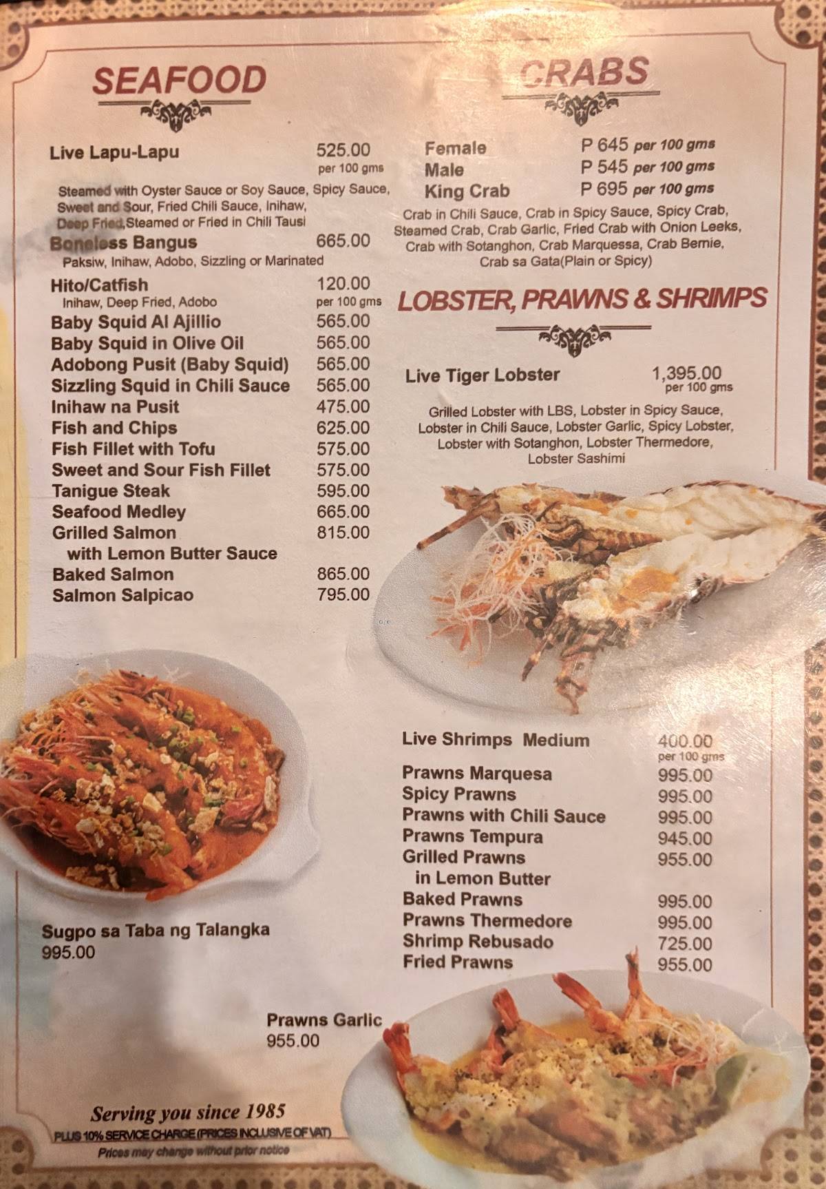 Menu at Harbor View Restaurant, Manila, South Dr