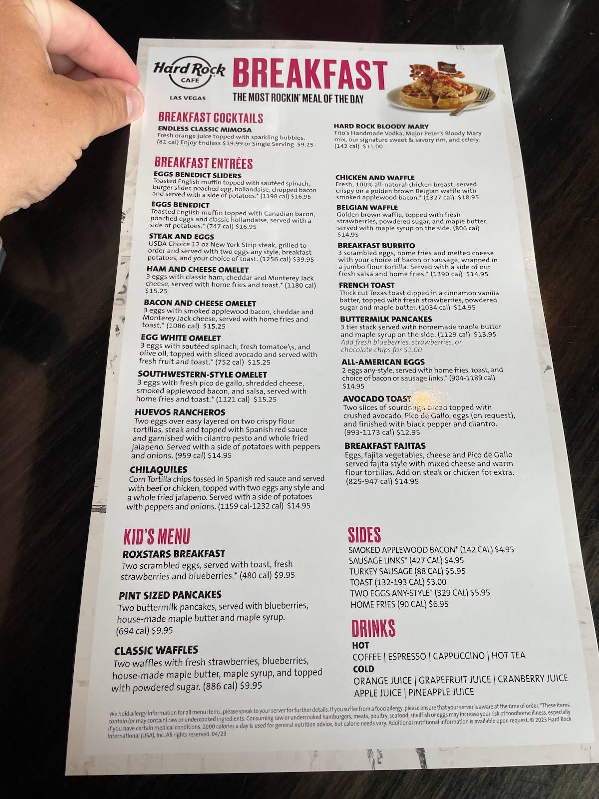 Menu at Hard Rock Cafe, Las Vegas, Las Vegas Blvd S #120