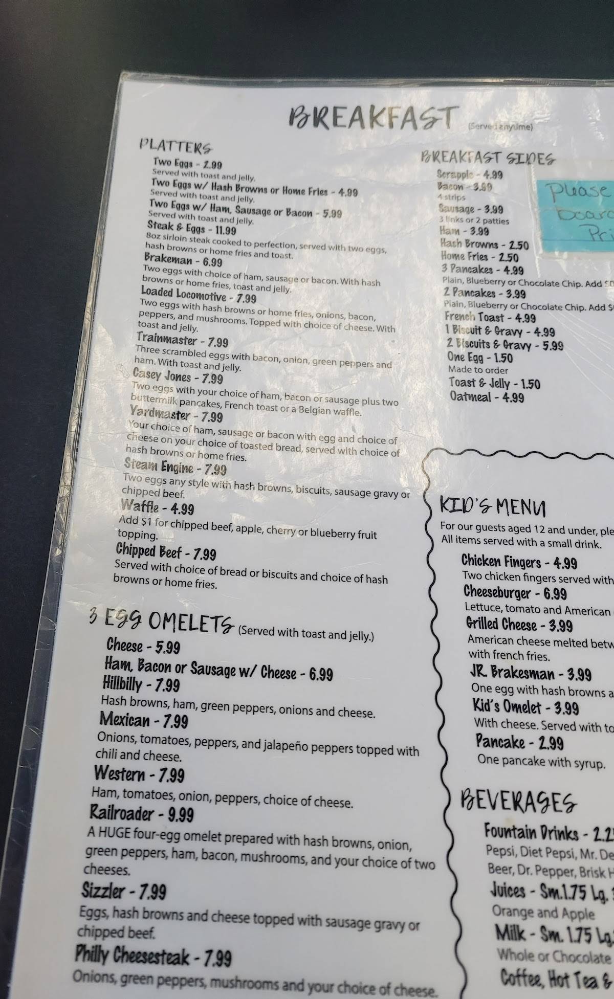 Menu at Track's End Restaurant, Mechanicsburg