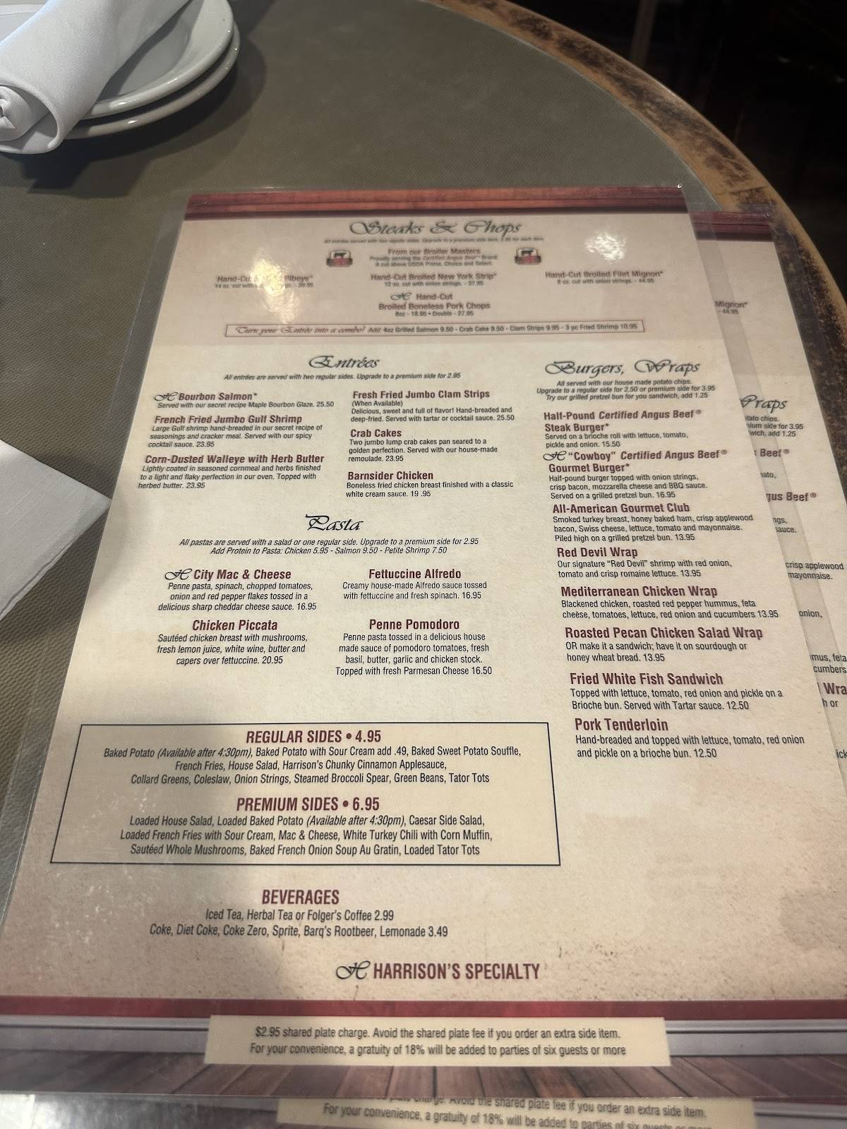 Menu at Harrison's restaurant, Tipp City