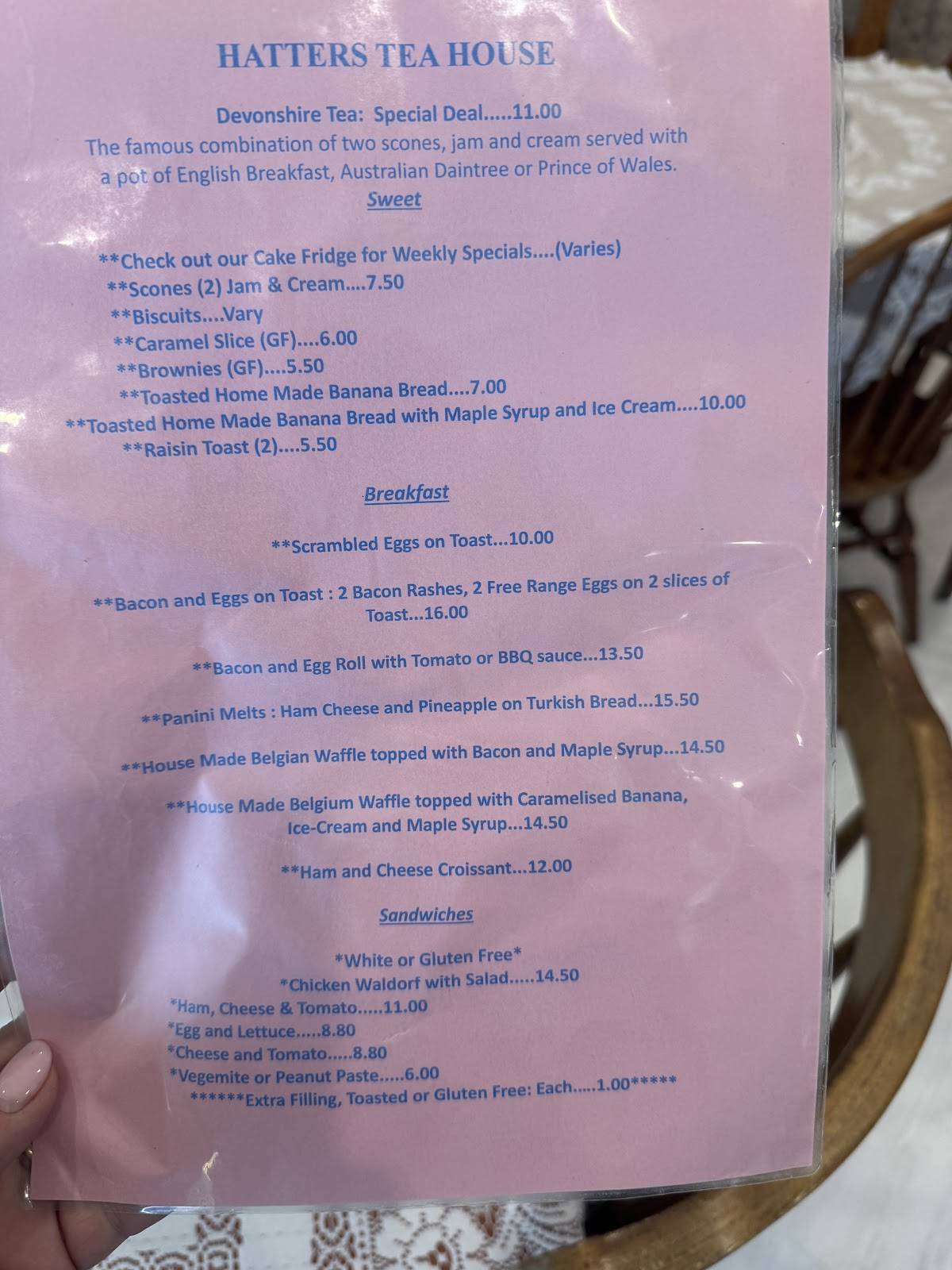 Menu at Hatters Tea House restaurant, Ettalong Beach
