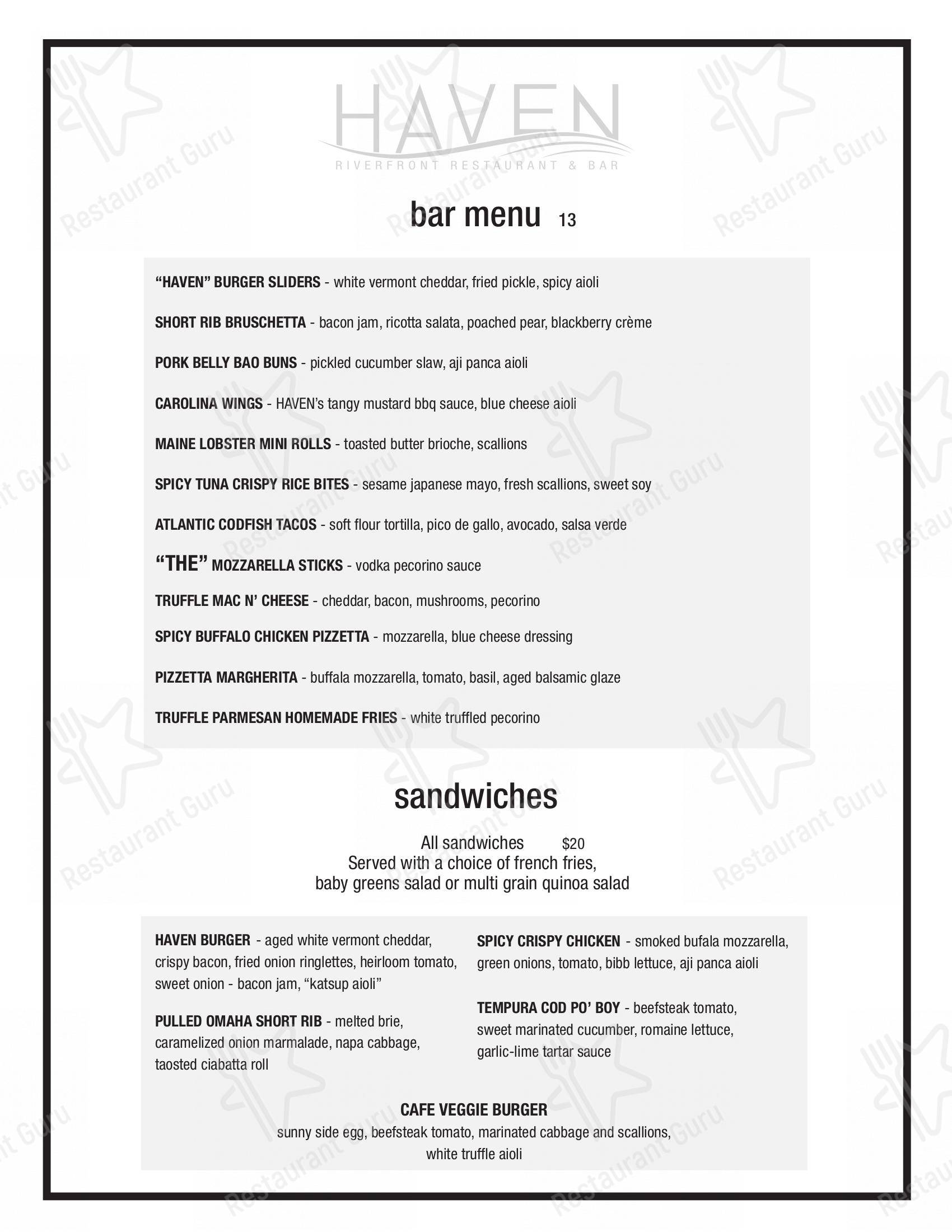 Menu at Haven Riverfront Restaurant and Bar, Edgewater