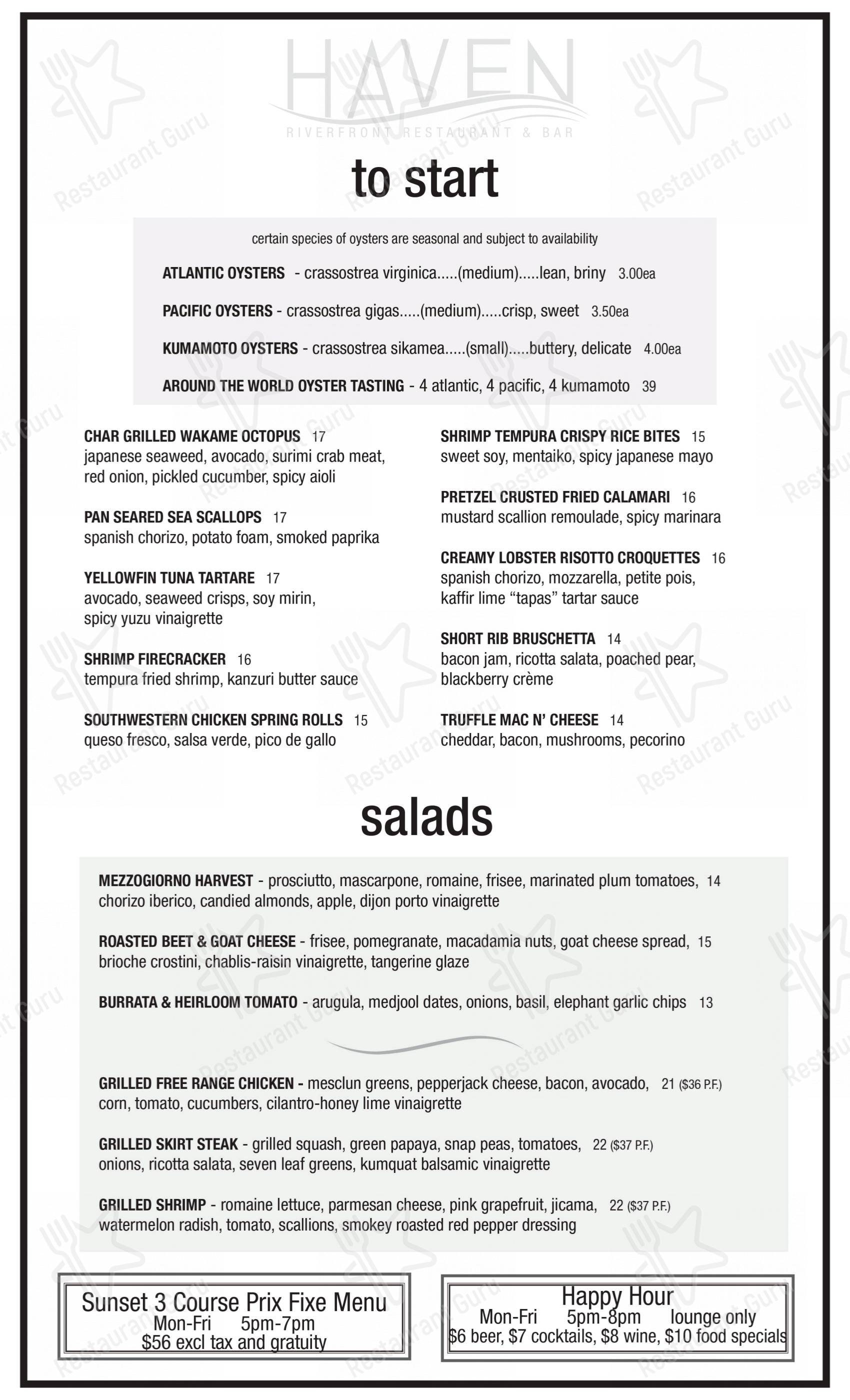 Menu at Haven Riverfront Restaurant and Bar, Edgewater