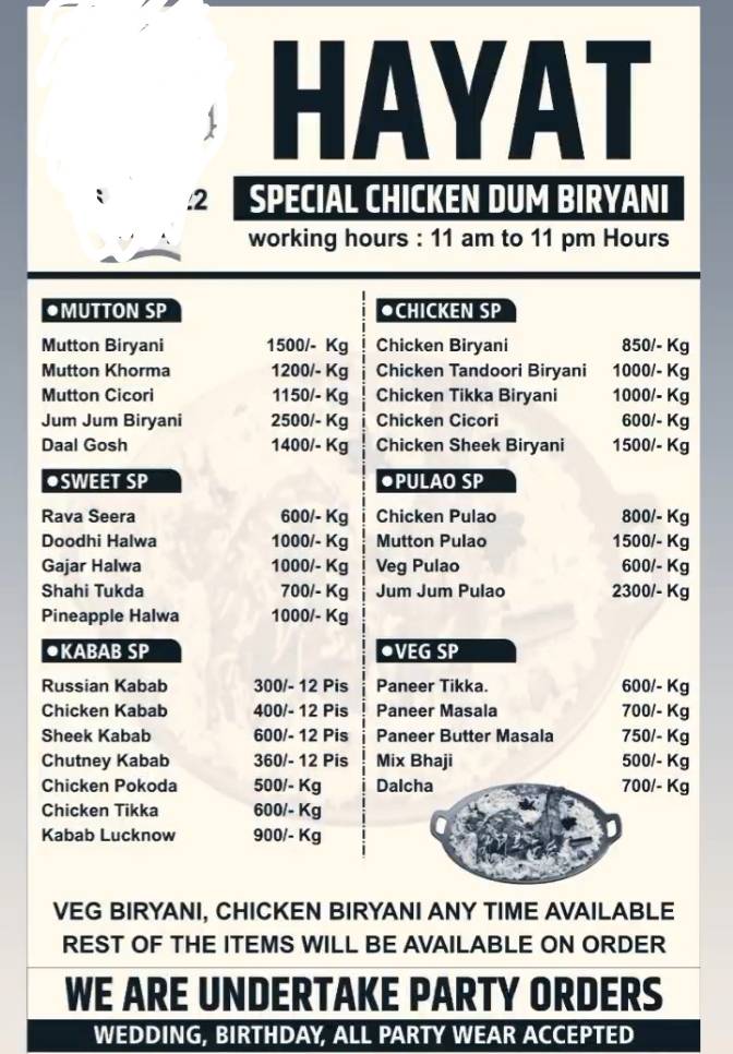 Menu at Hayat special chicken dum Biryani House, Pune