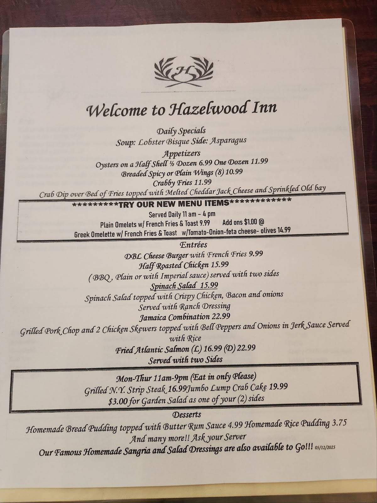 Menu at Hazelwood Inn restaurant, Baltimore