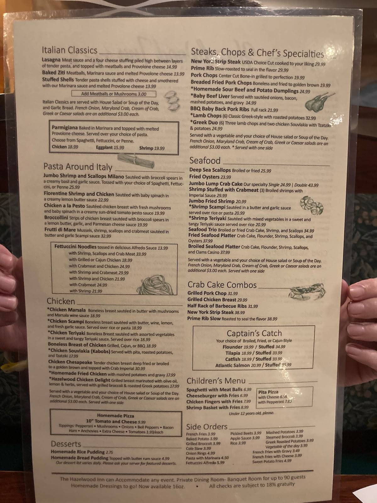 Menu at Hazelwood Inn restaurant, Baltimore