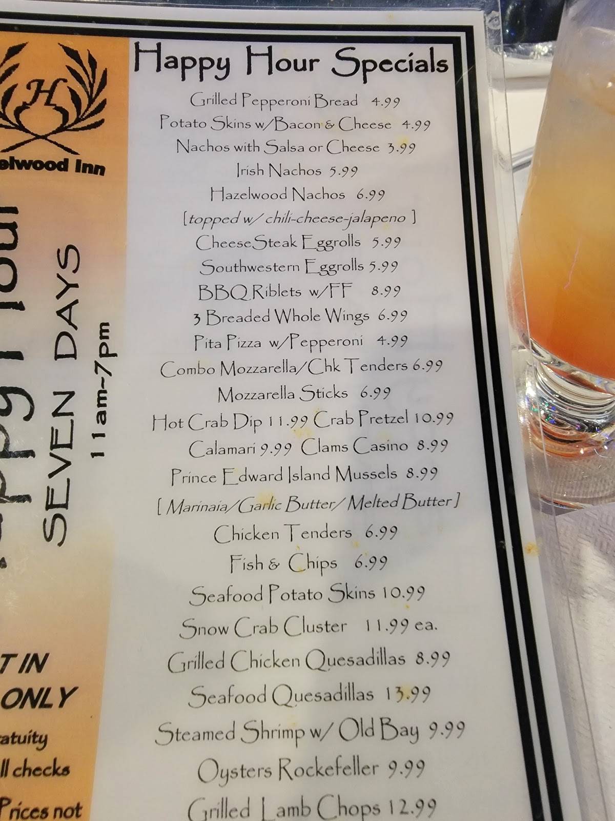 Menu at Hazelwood Inn restaurant, Baltimore