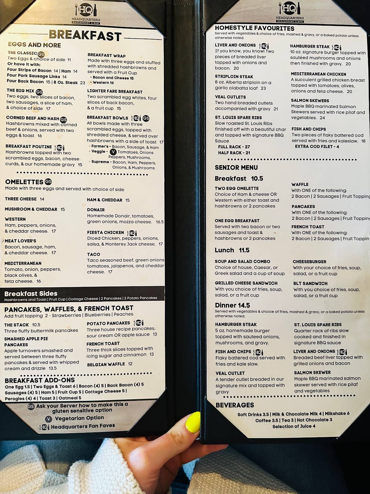Menu at Headquarters Restaurant and Bar, Sherwood Park