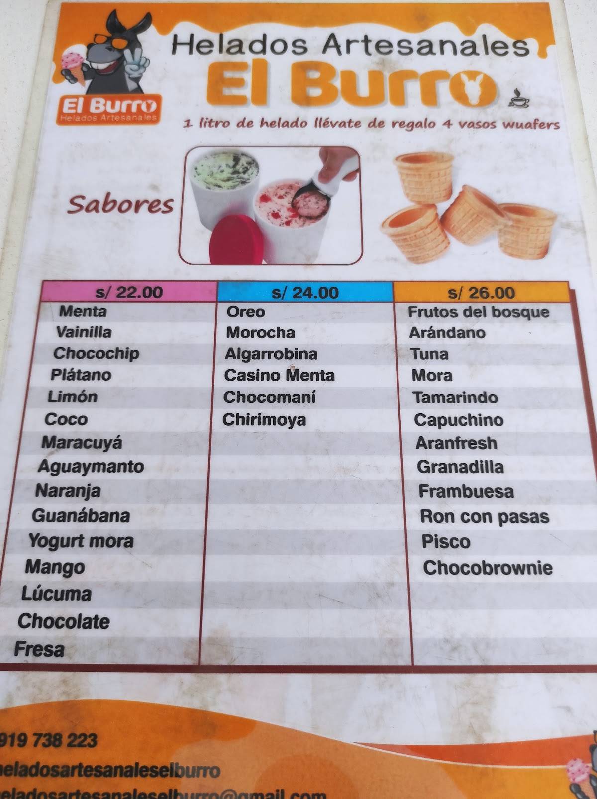 Menu at Helados Artesanales El Burro 2 pub & bar, Carabayllo District
