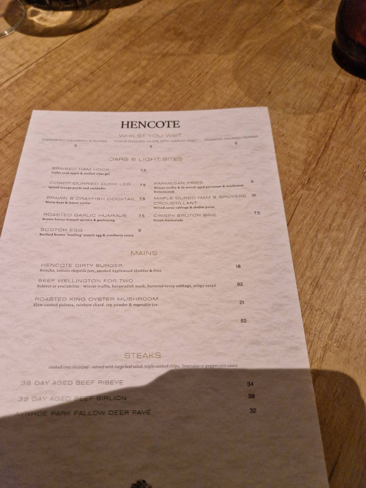 Menu at Hencote restaurant, Shrewsbury, Hencote