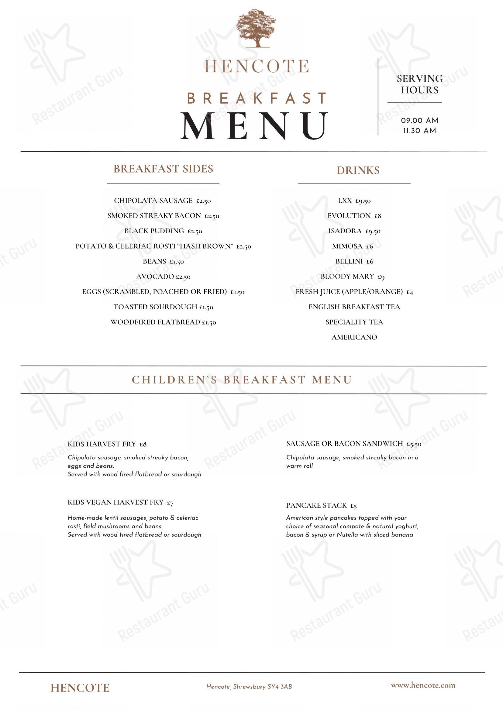 Menu at Hencote restaurant, Shrewsbury, Hencote