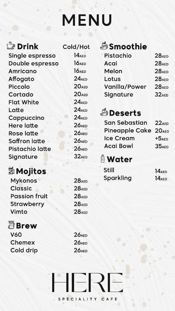 Menu at Here Specialty Cafe, Madinat Zayed