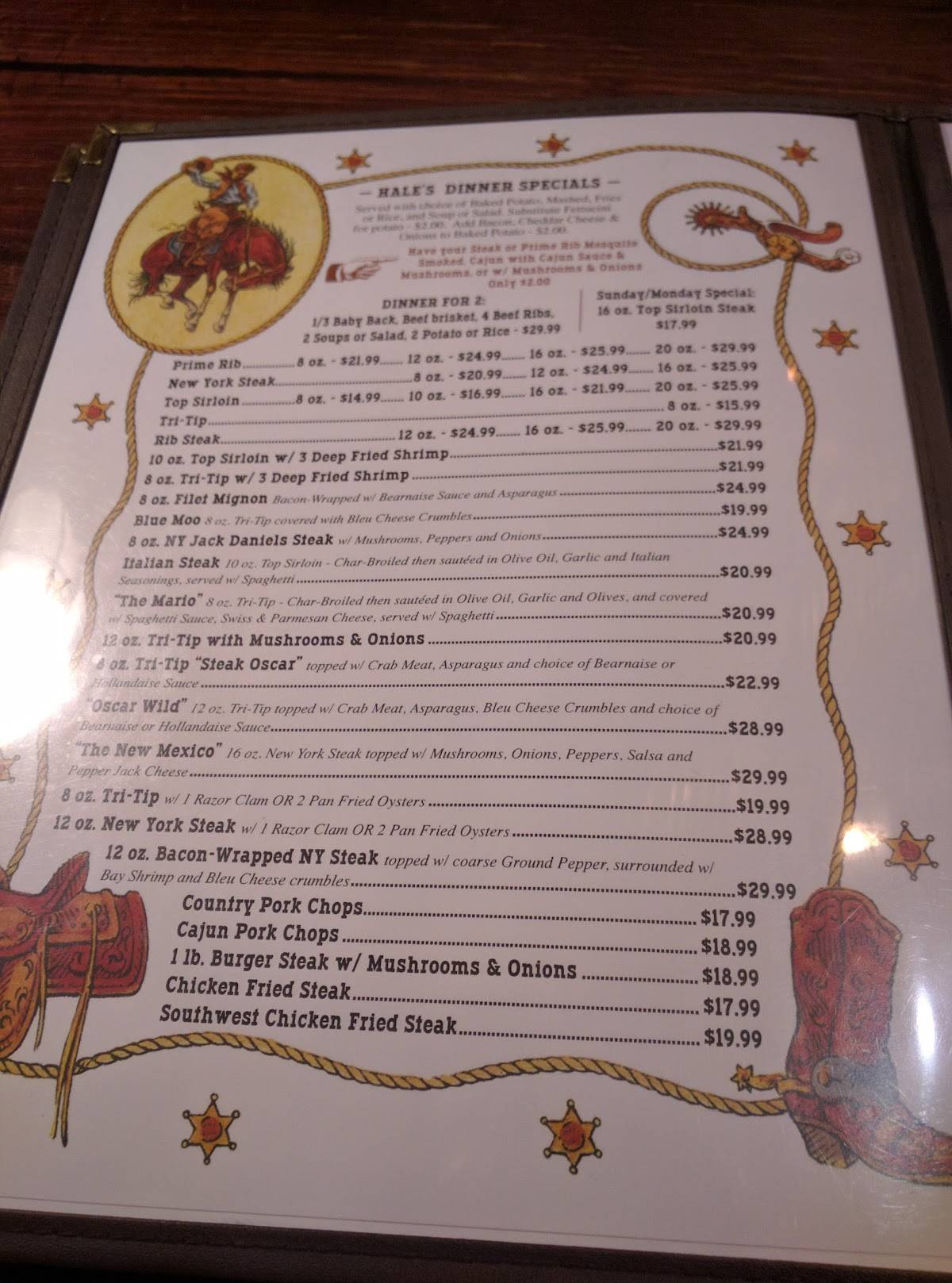 Menu at Hale's Tavern steakhouse, Hermiston
