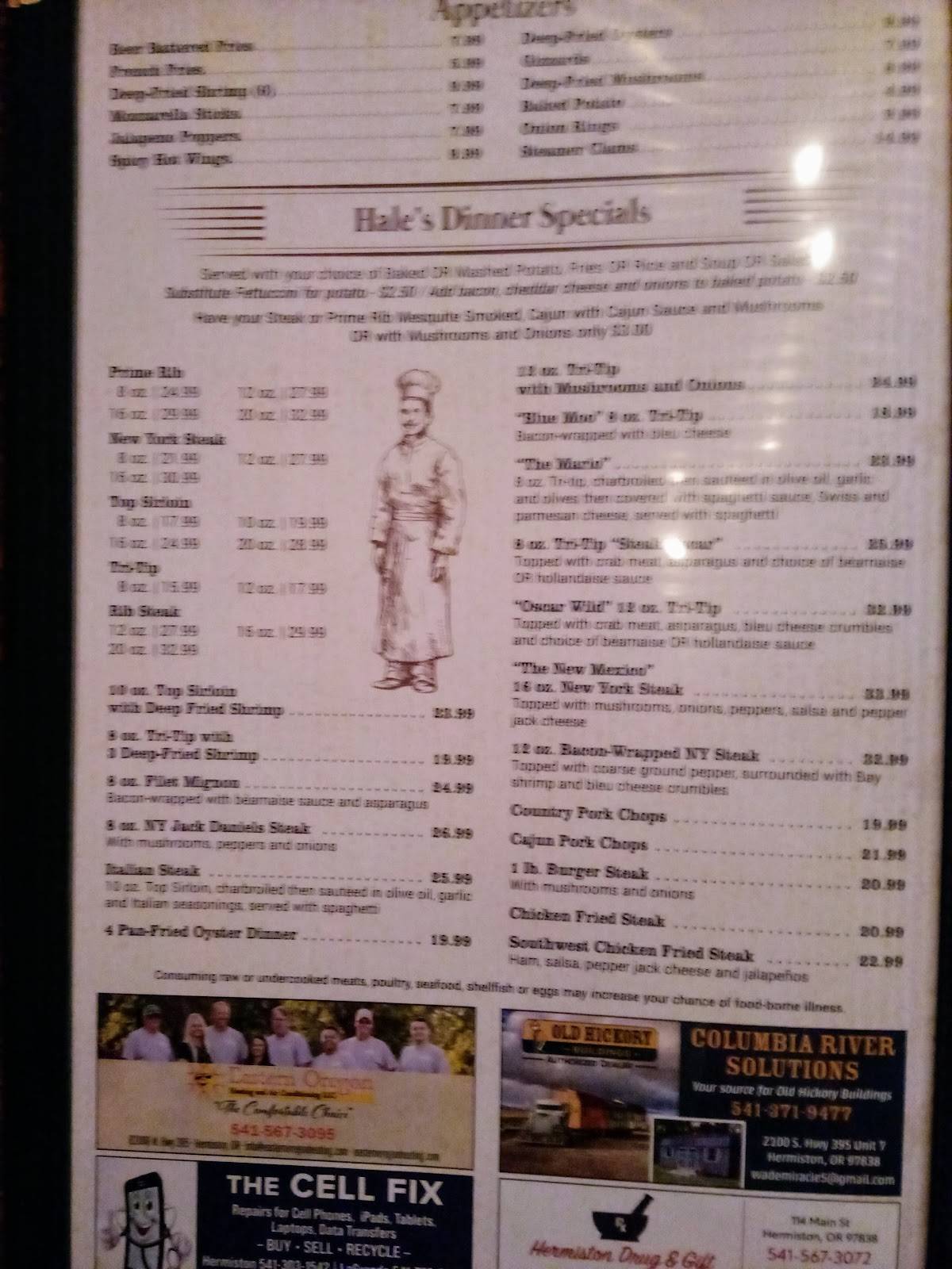 Menu at Hale's Tavern steakhouse, Hermiston