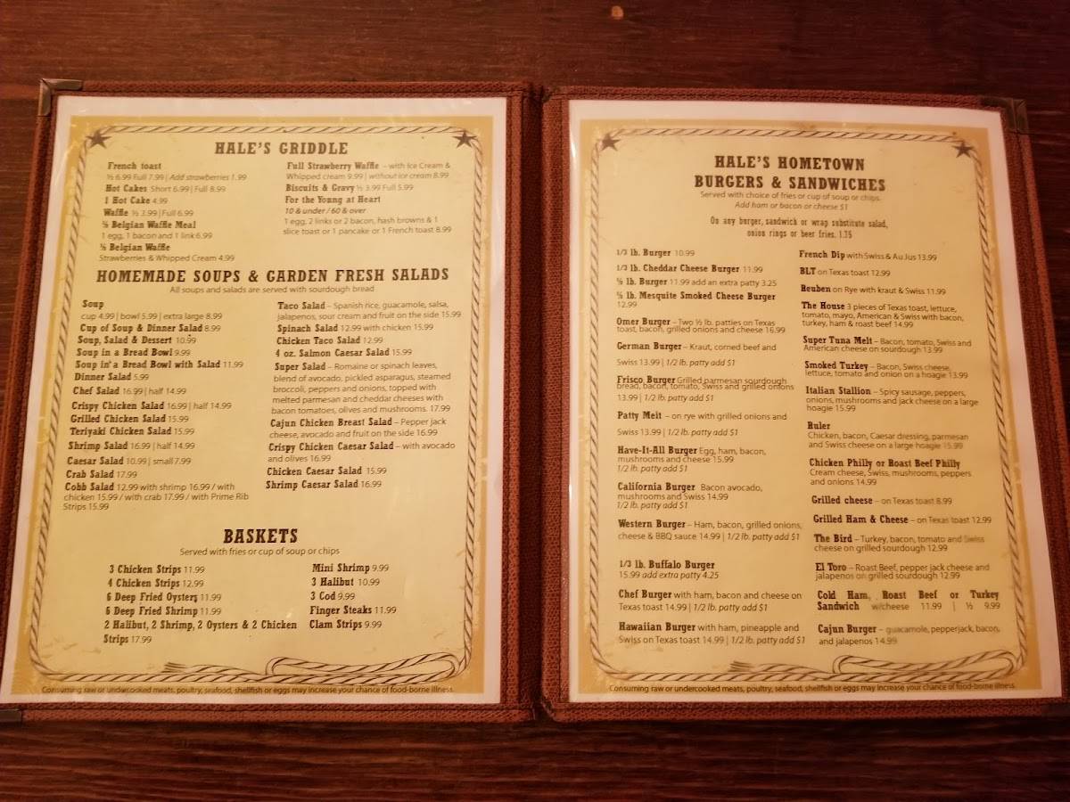 Menu at Hale's Tavern steakhouse, Hermiston