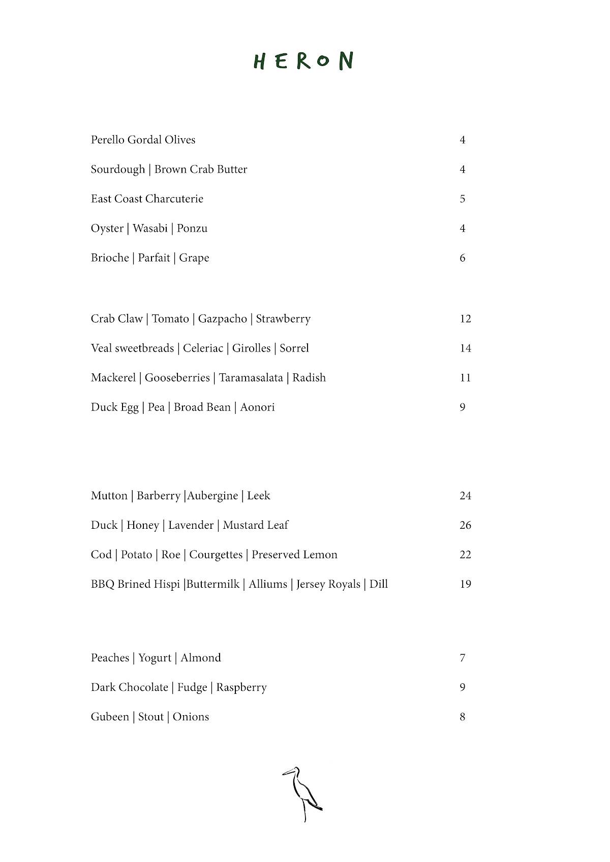 Menu at Heron restaurant, Edinburgh