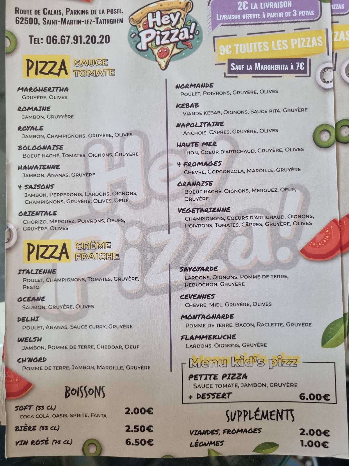 Menu au Hey Pizza restaurant, France