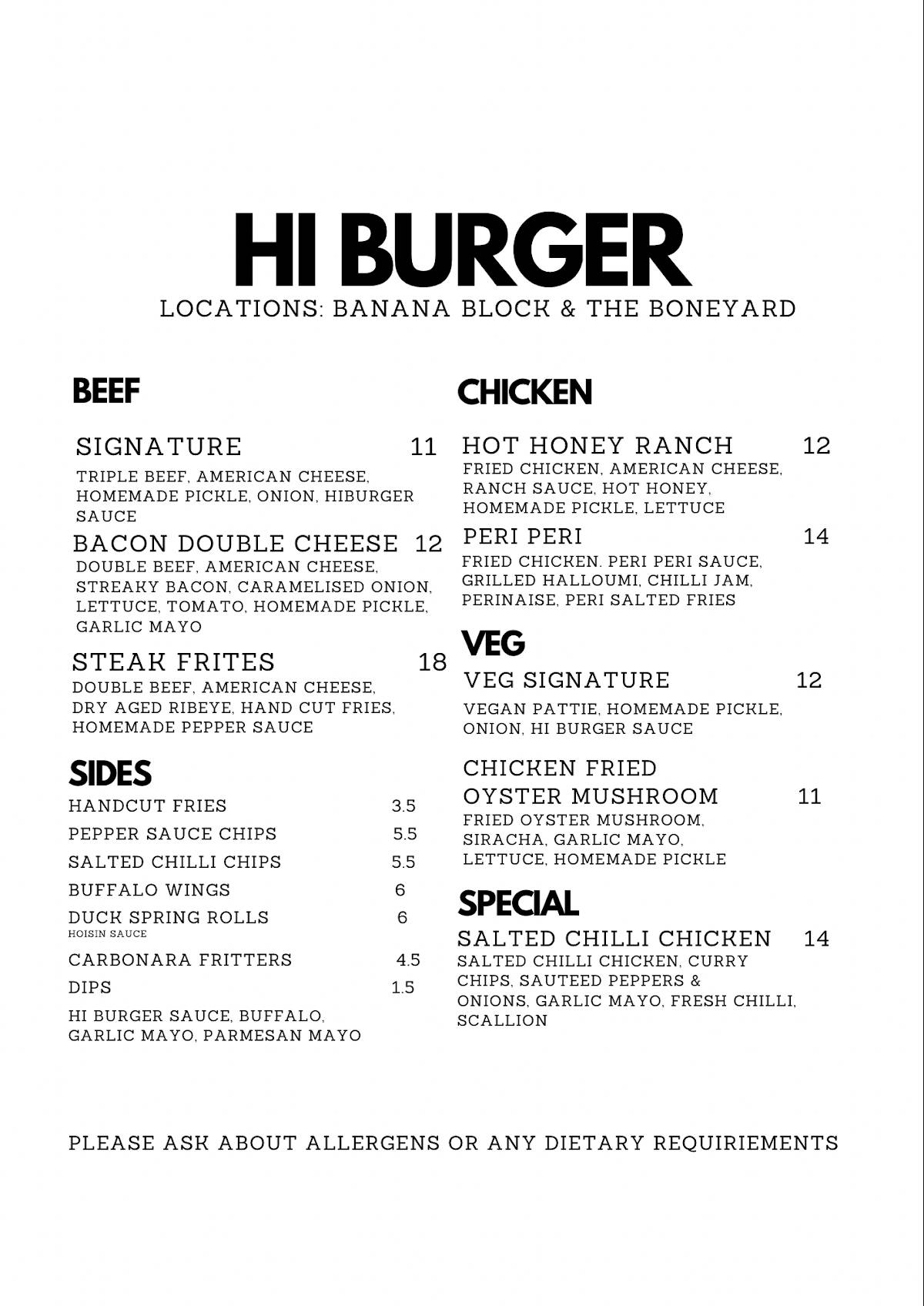 Menu at Hi Burger restaurant, Belfast, PortView Trade Centre