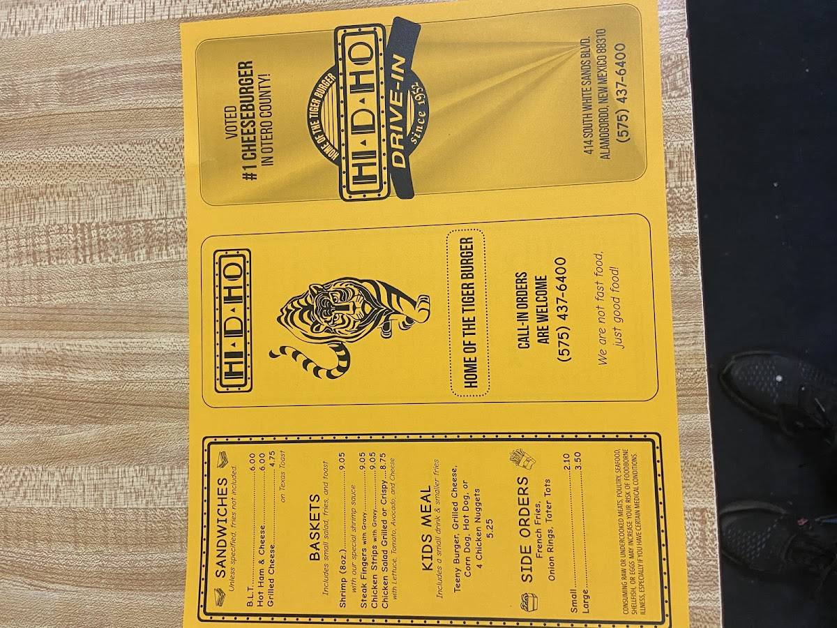 Menu at Hi-D-Ho Drive In fast food, Alamogordo