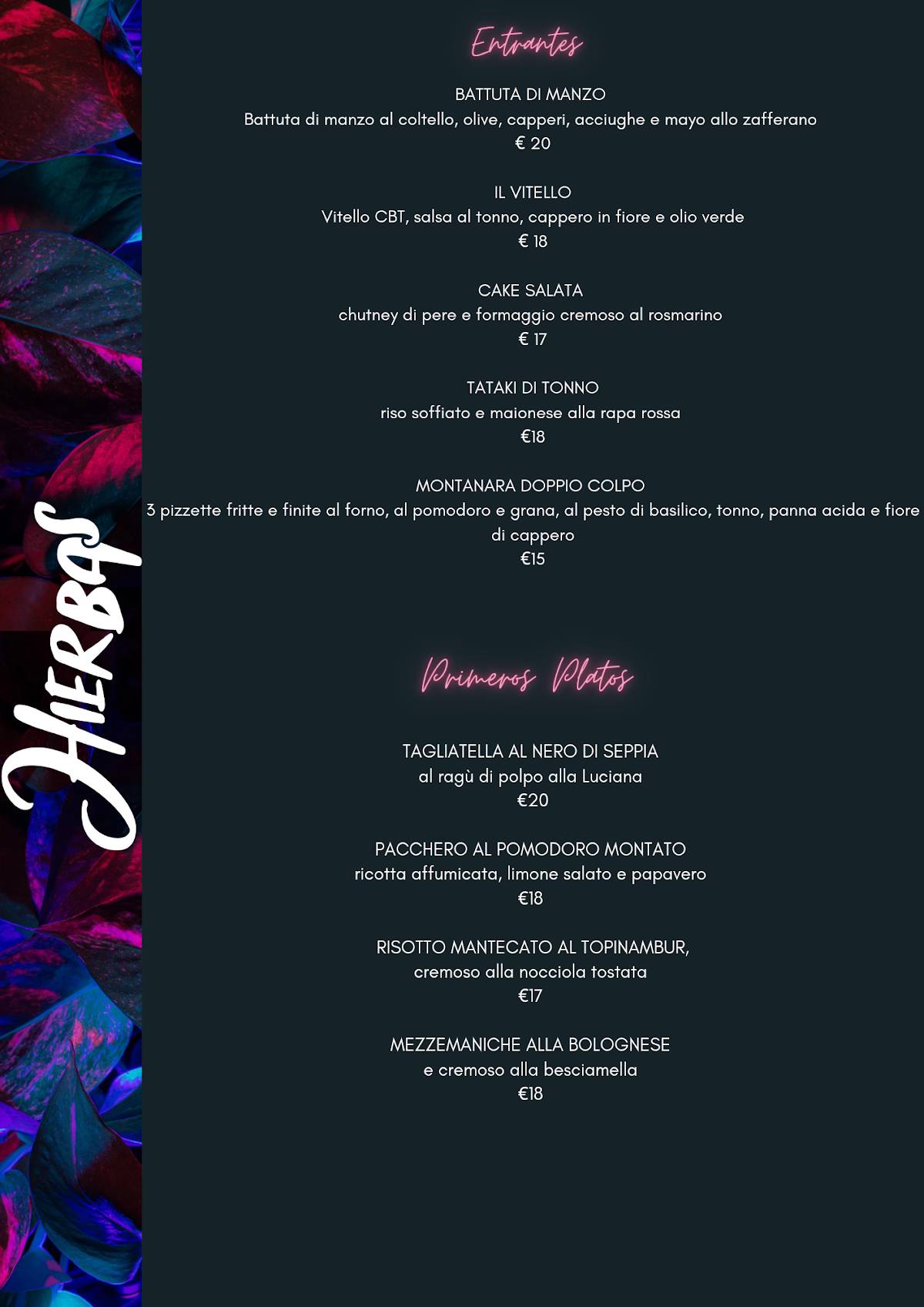 Carta del restaurante Hierbas Milano, Milan