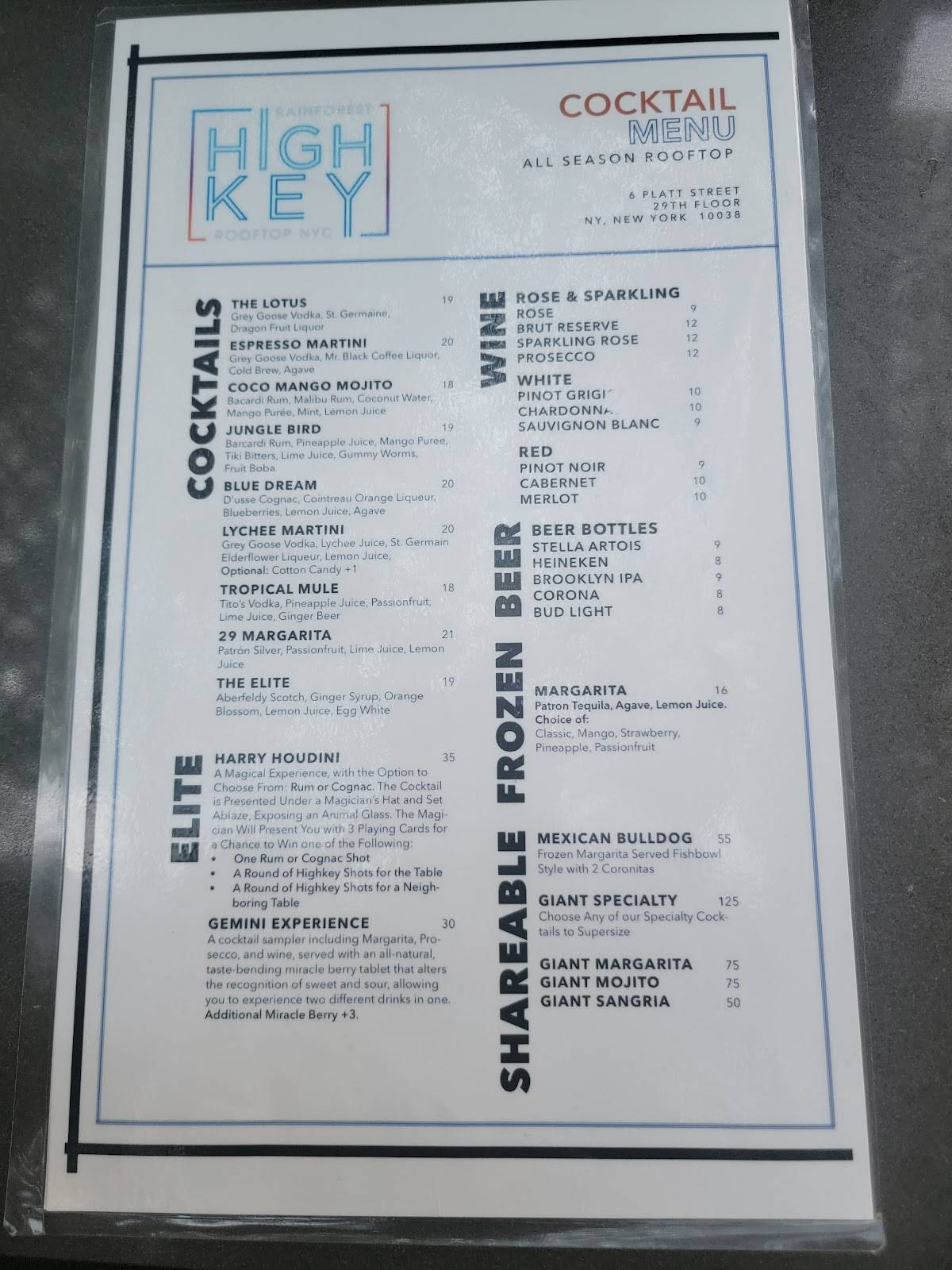 Menu at Highkey Rainforest Rooftop pub & bar, New York City