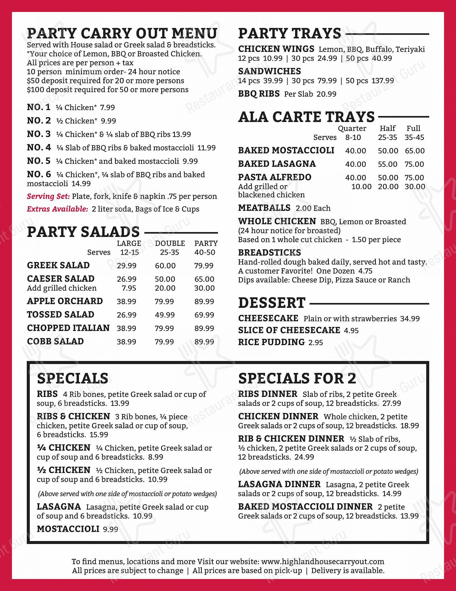 Menu at Highland House Cafe & Carryout, Springfield Township