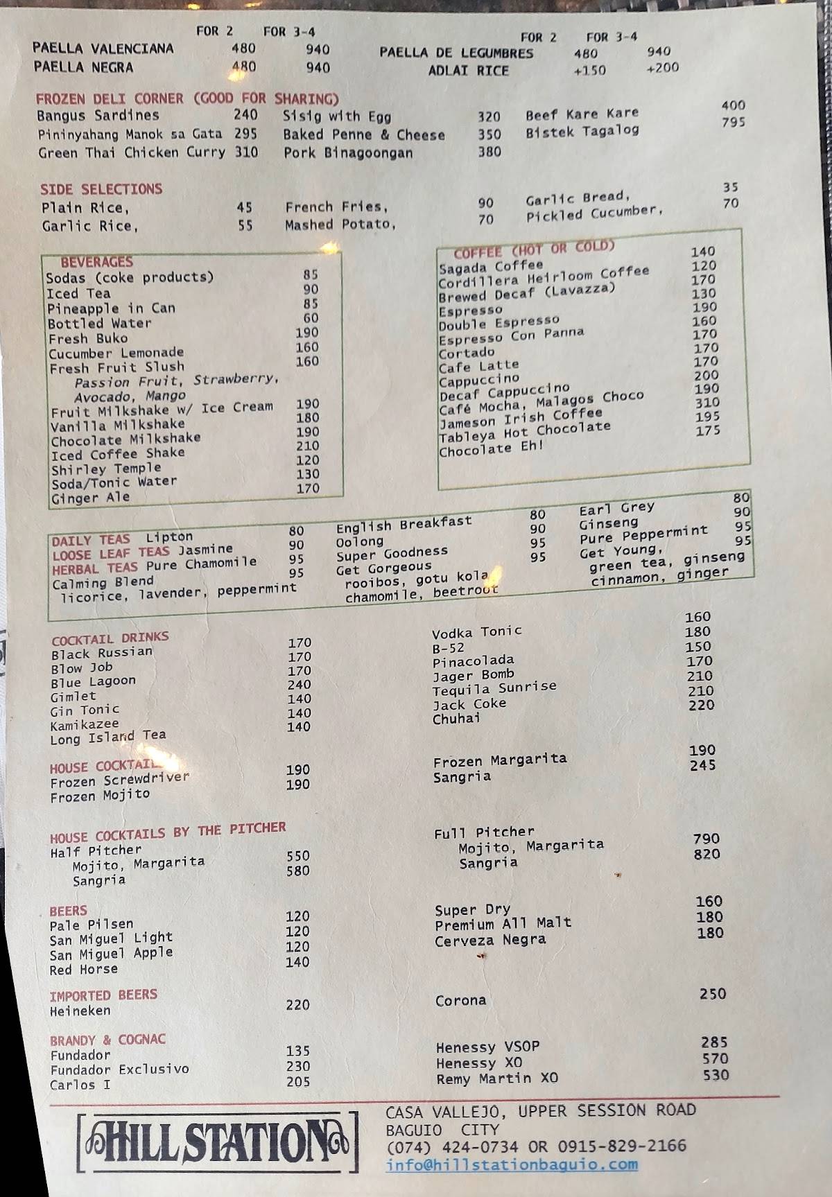 Menu at Hill Station restaurant, Baguio, Casa Vallejo