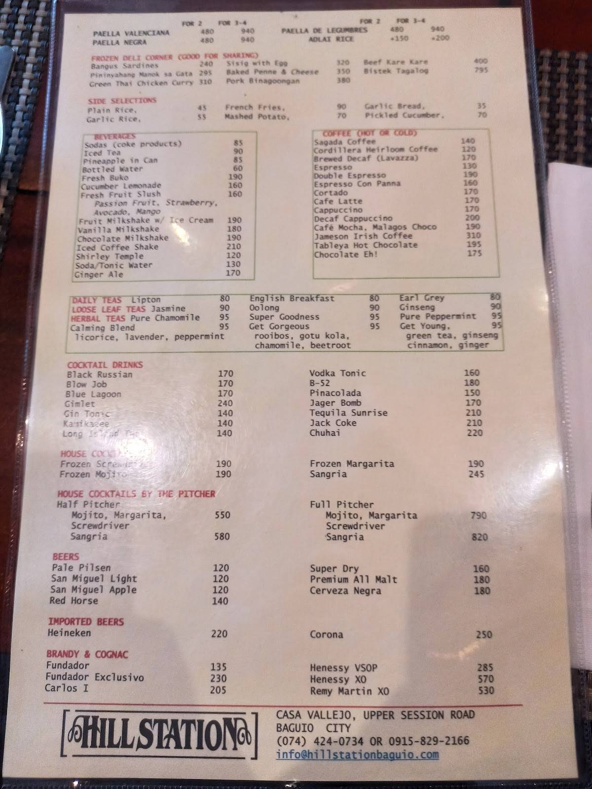 Menu at Hill Station restaurant, Baguio, Casa Vallejo