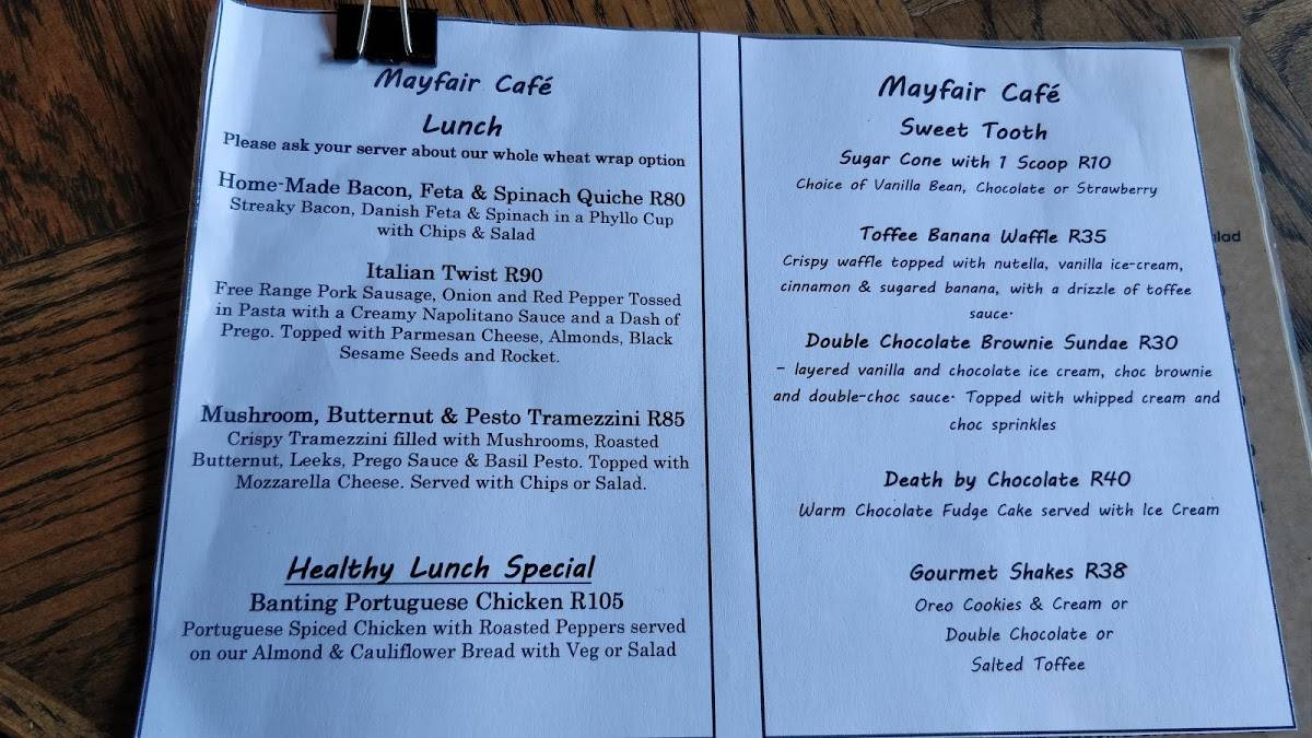Menu at Cafe Mayfair Hillcrest, Outer West Durban