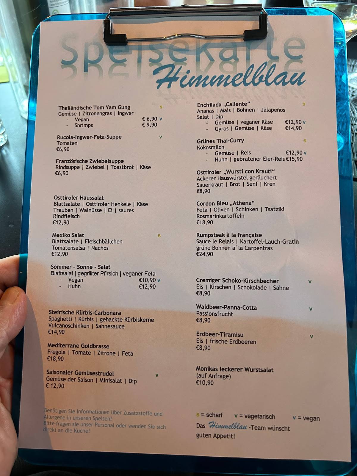 Speisekarte von Himmelblau Restaurant, Lienz