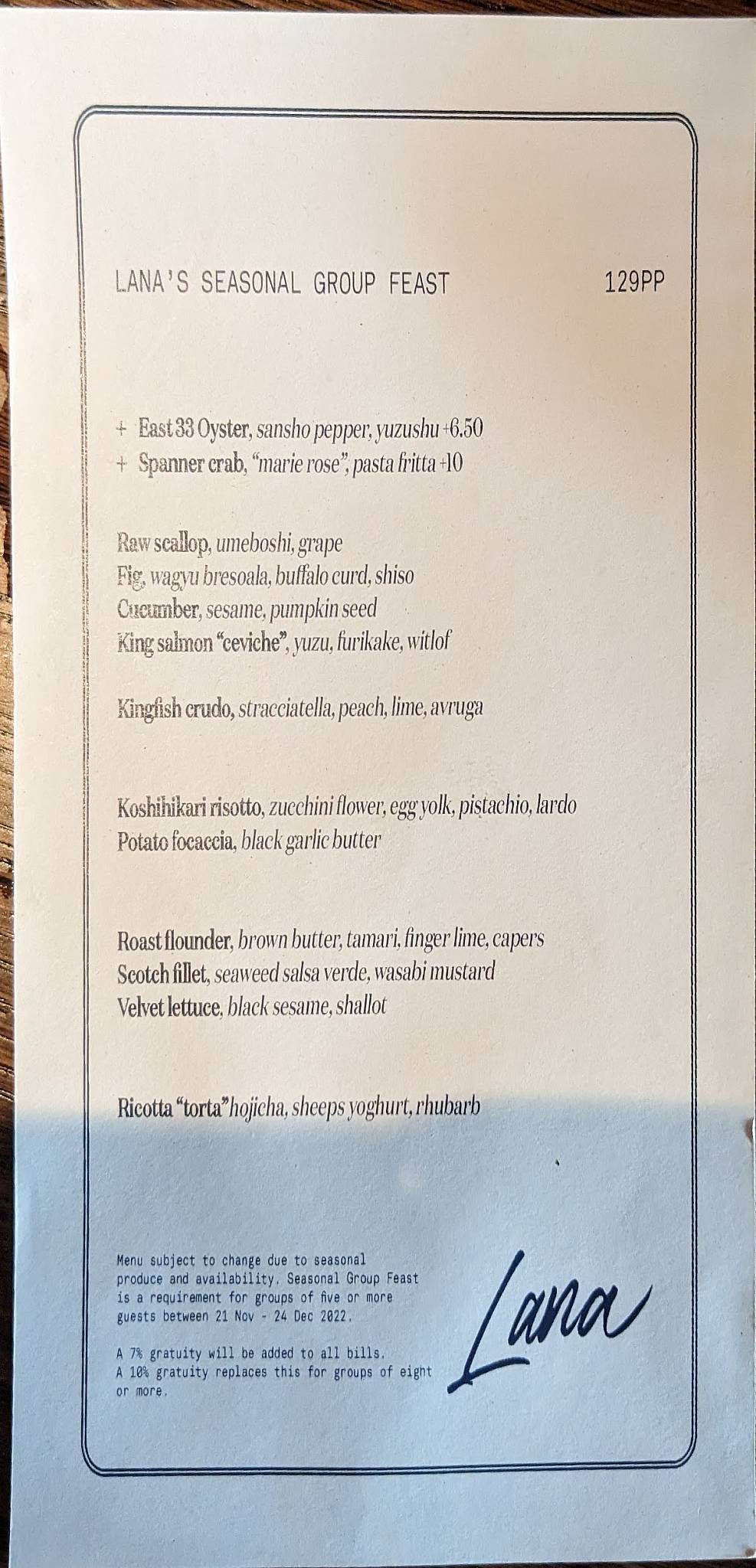 Menu at Hinchcliff House restaurant, Sydney