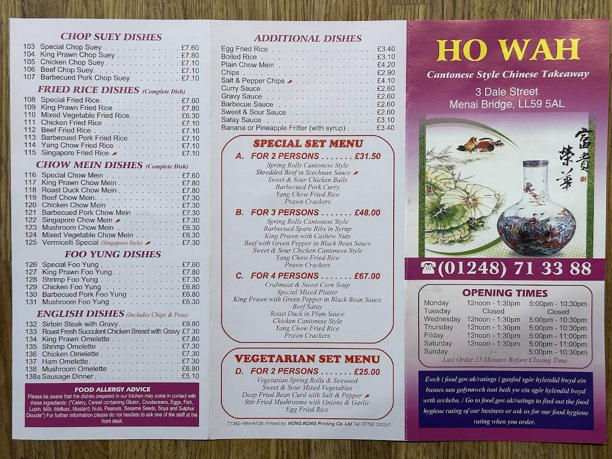 Menu at Ho Wah fast food, Menai Bridge