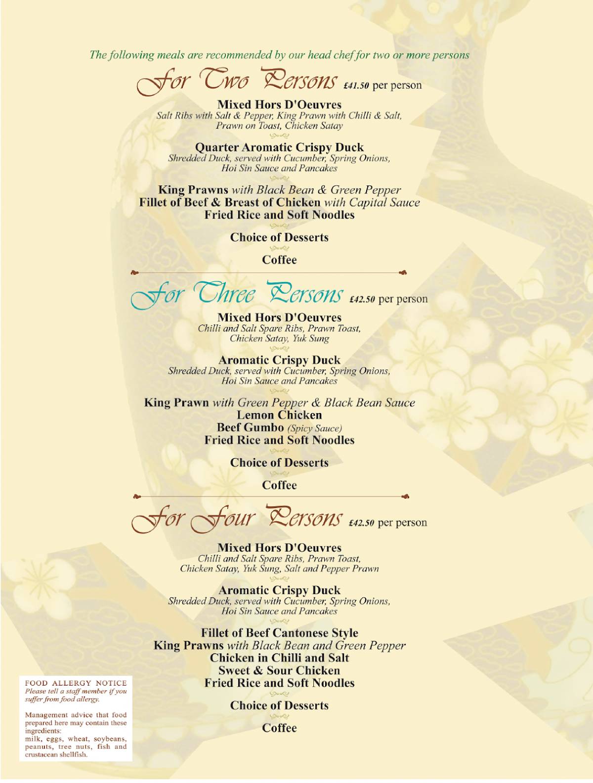 Menu at Ho Wong restaurant, Glasgow, 56 Waterloo St