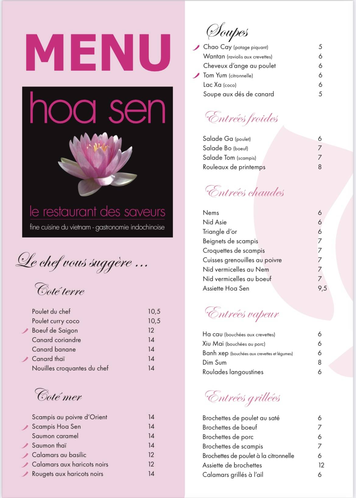 Menu au Hoa Sen, Dinant