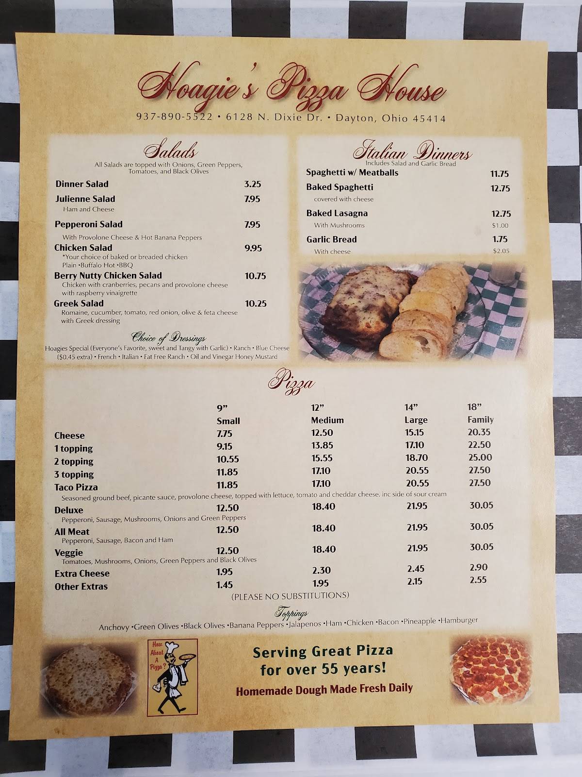 Menu at Hoagie's Pizza House,Inc. pizzeria, Dayton
