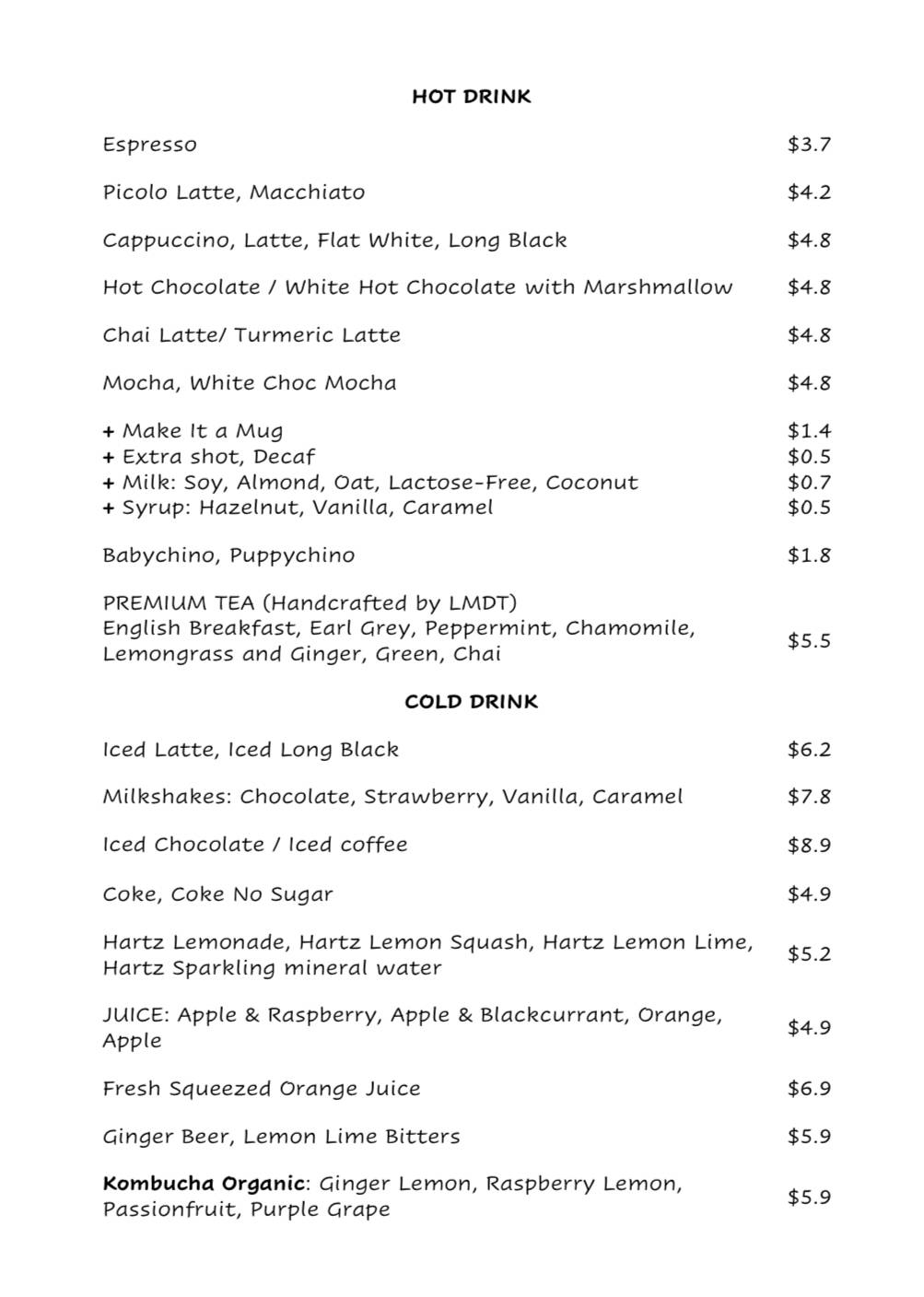 Menu at The Duchess Cafe, Sandy Bay