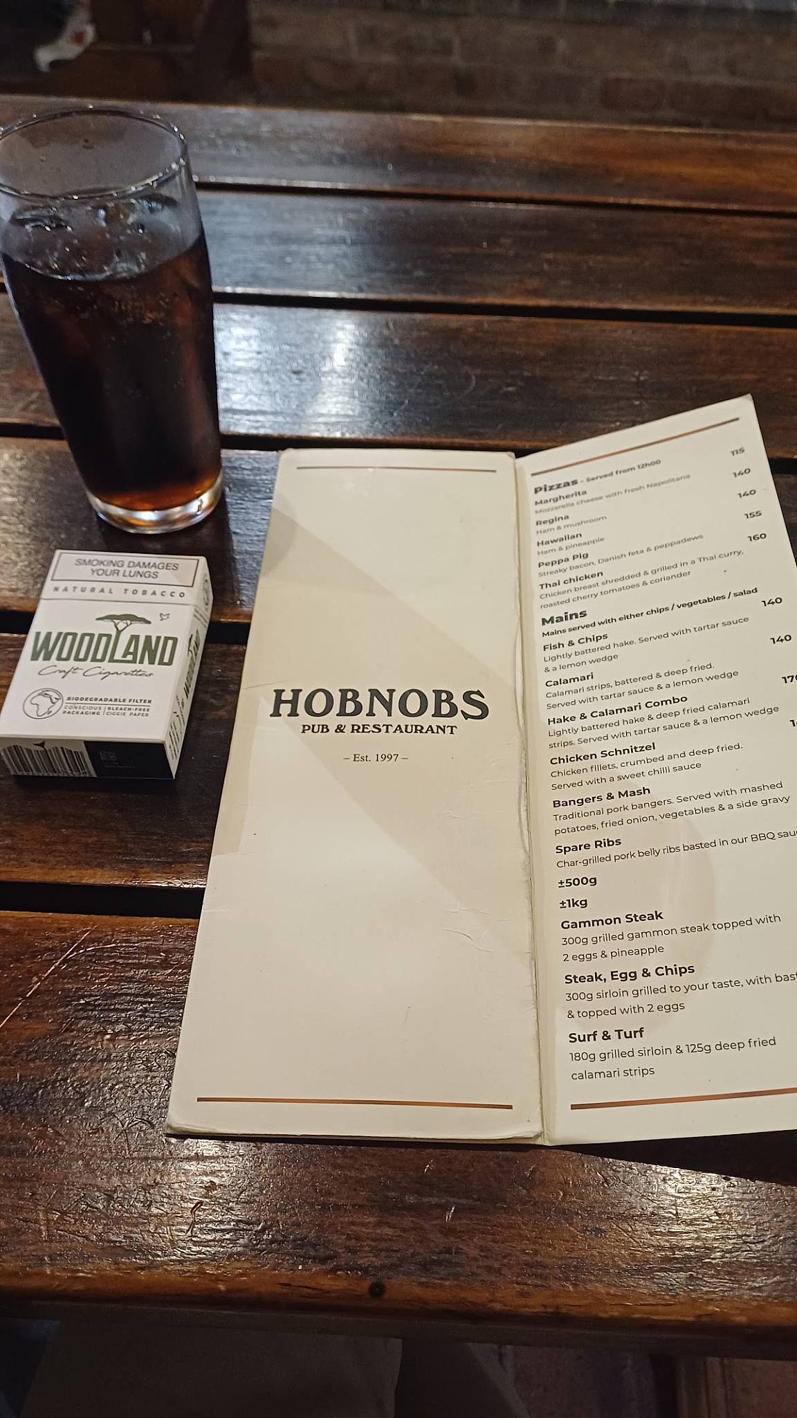 Menu at Hobnobs pub & bar, Cape Town